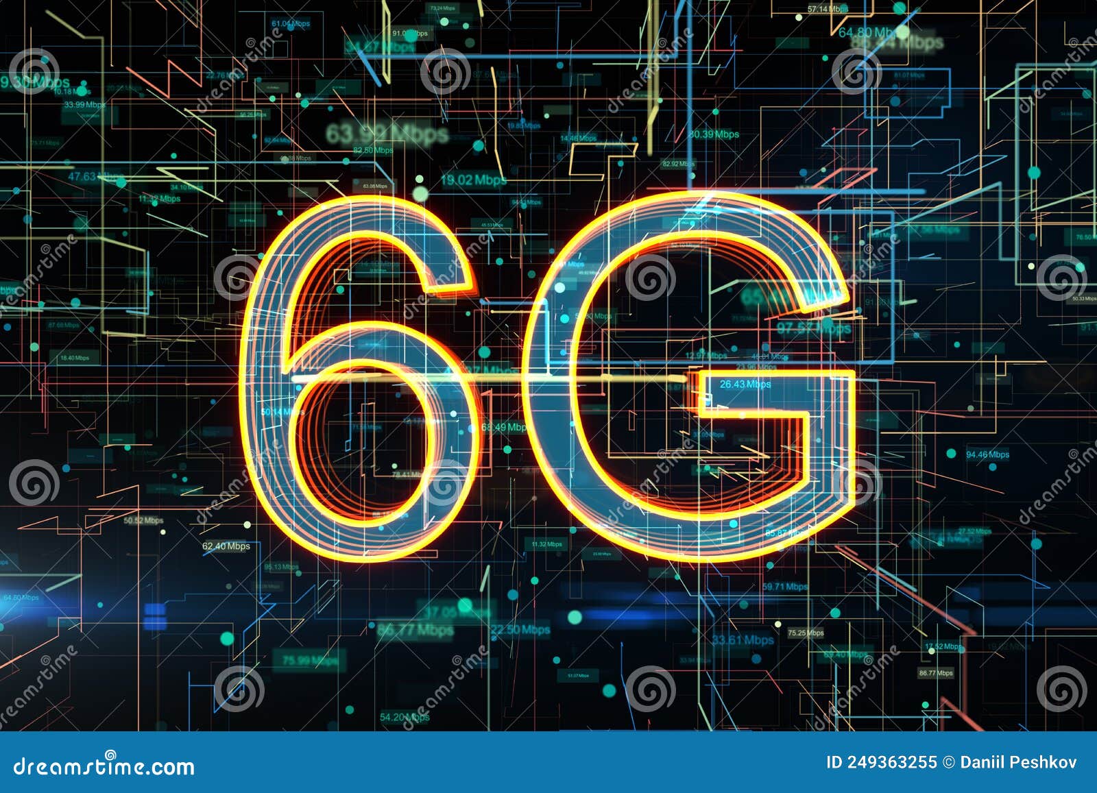 Front View on 6G Digital Glowing Symbols on Abstract Technological ...