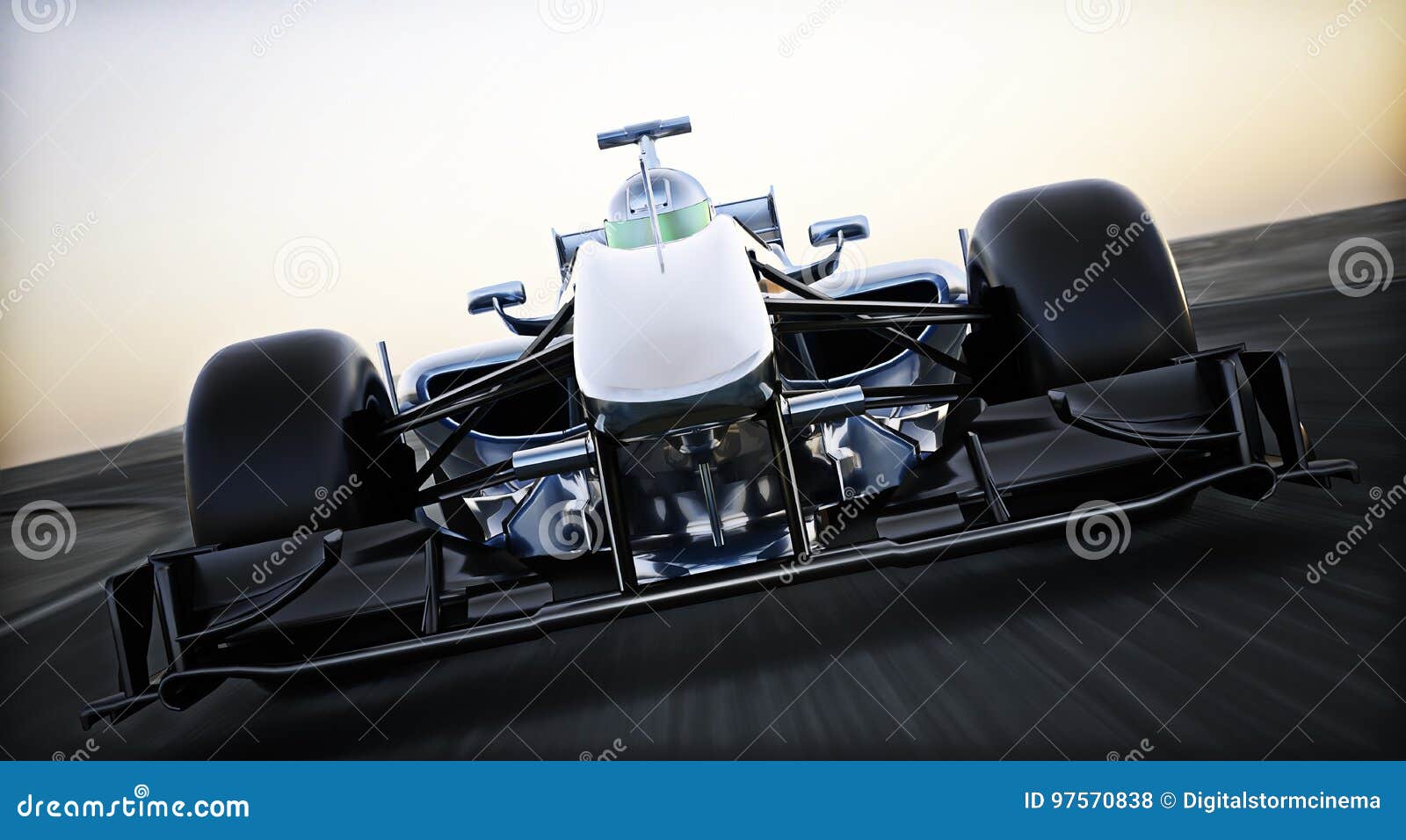 Front View of a Generic Blue Race Car and Driver Traveling at a High ...