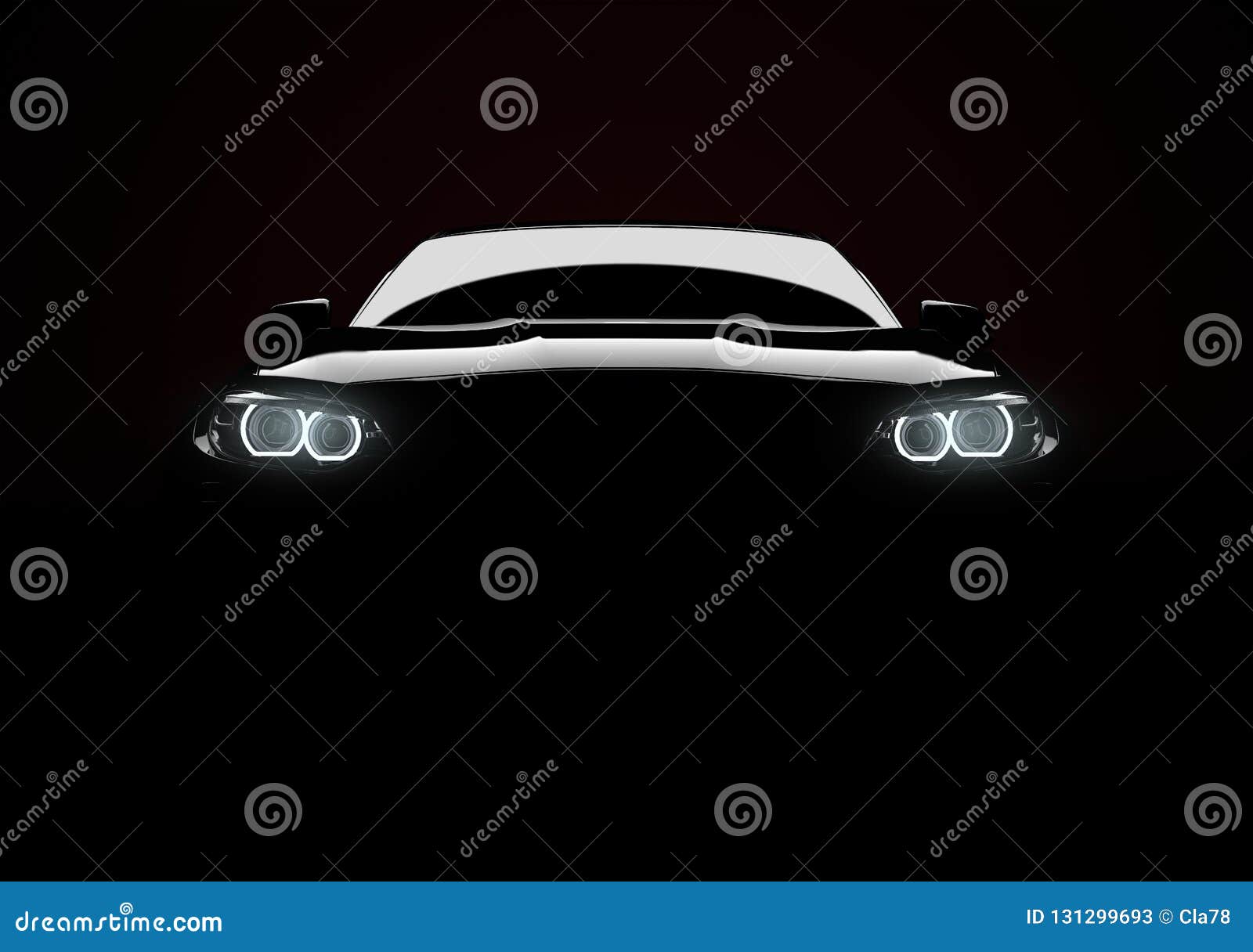 Front View of a Generic and Brandless Modern Car with Lights on a Black ...