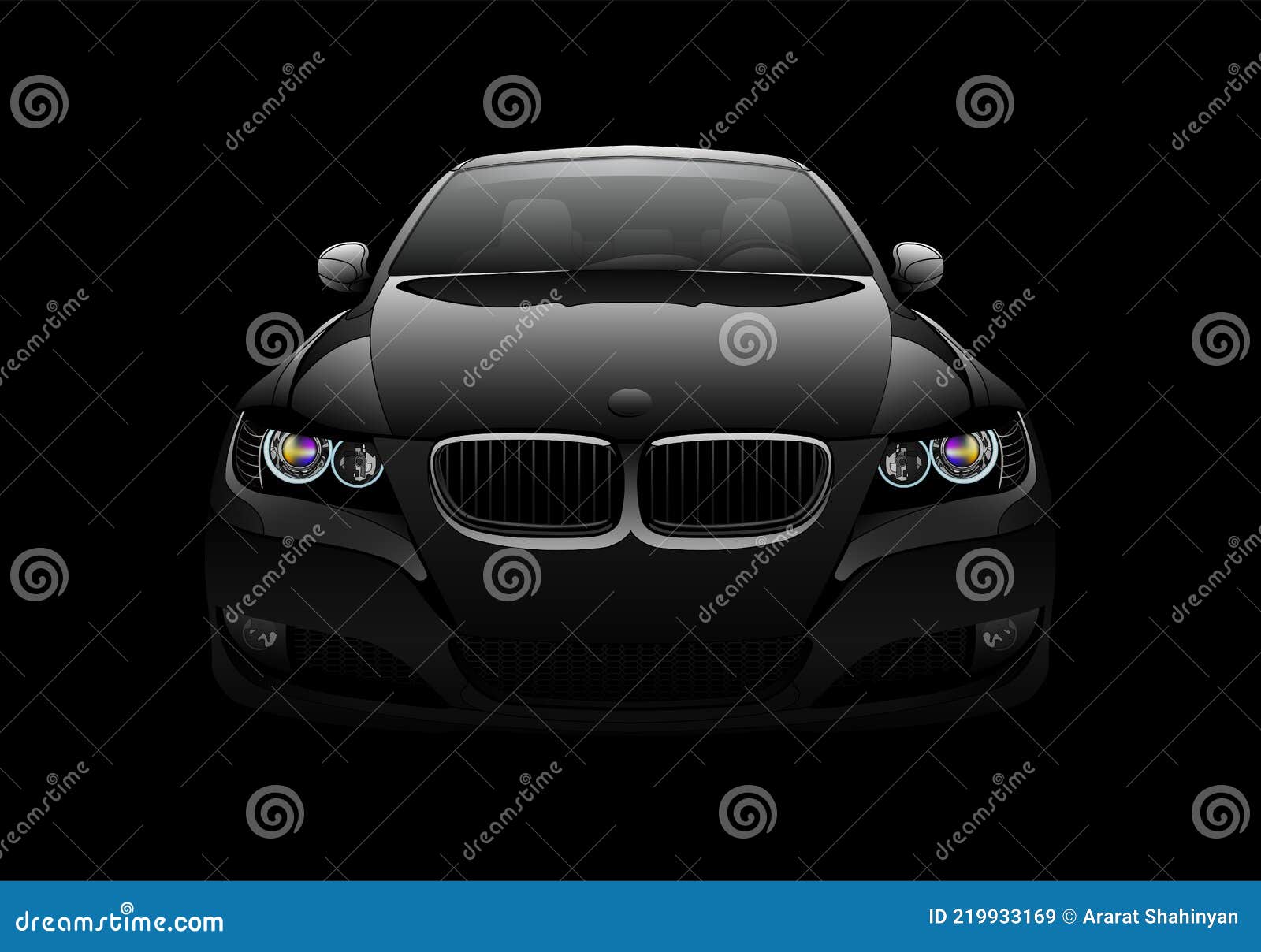Front View of a Generic and Brandless Modern Car with Lights on a Black ...