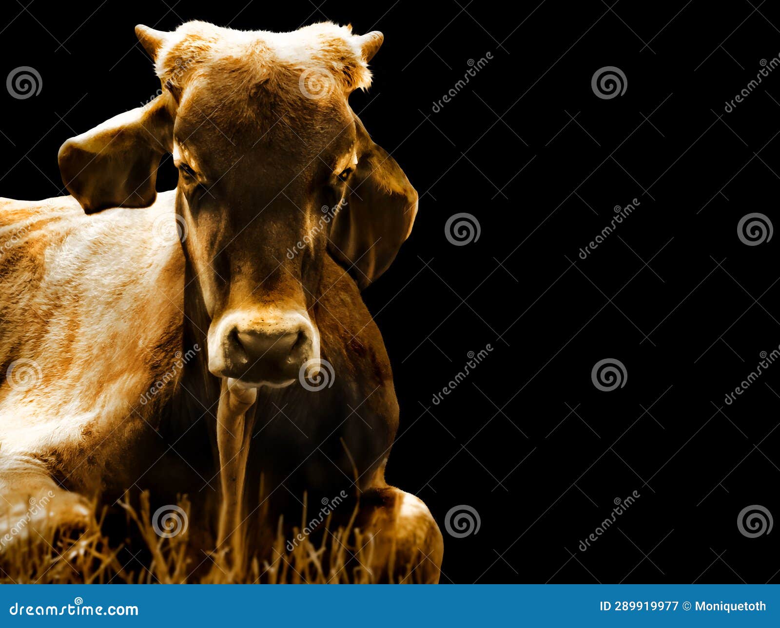 Front View of a Golden Cow Staring at the Camera Isolated on Black ...