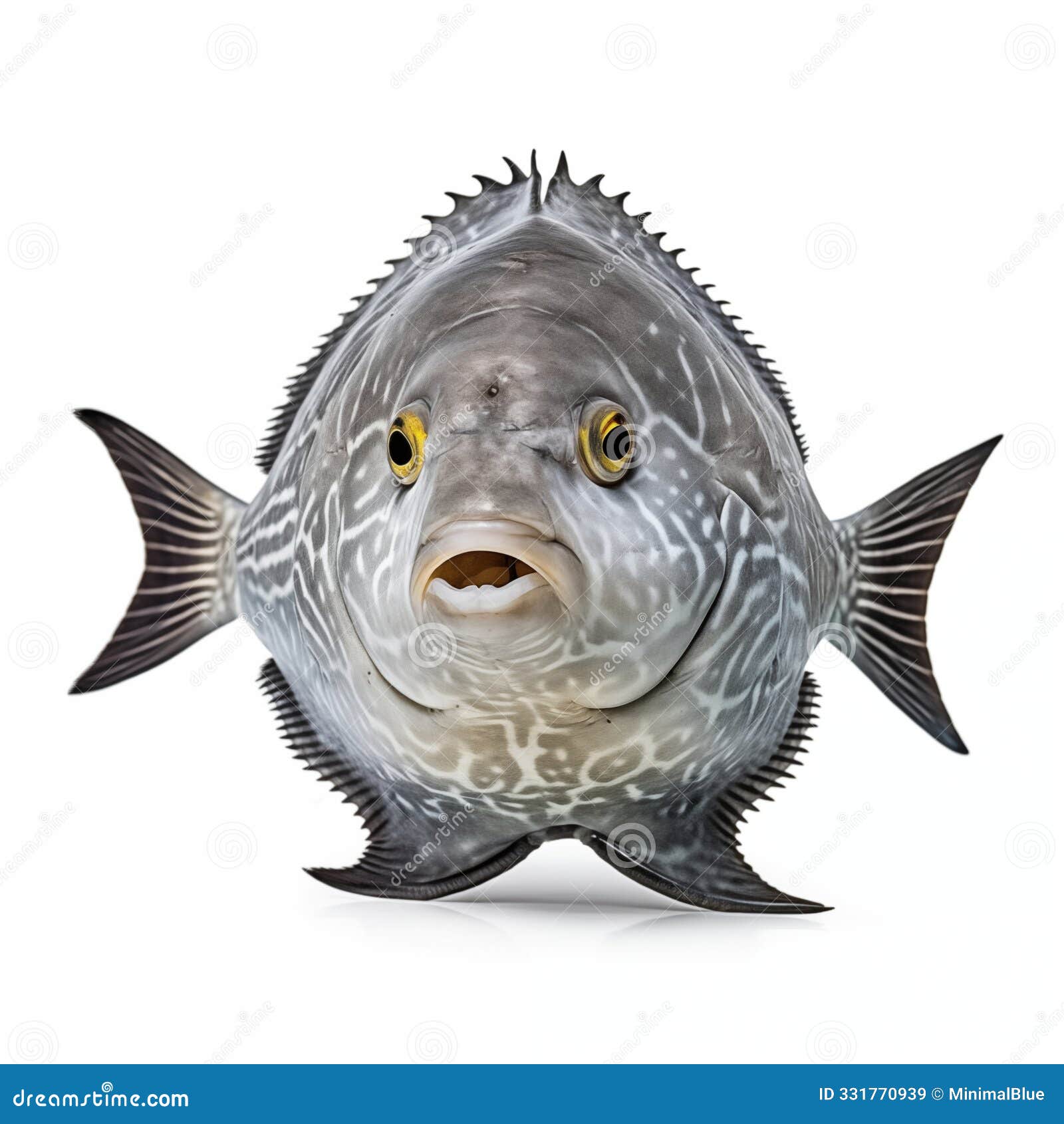 Front View of Gray Spotted Fish with Yellow Eyes on White Background ...