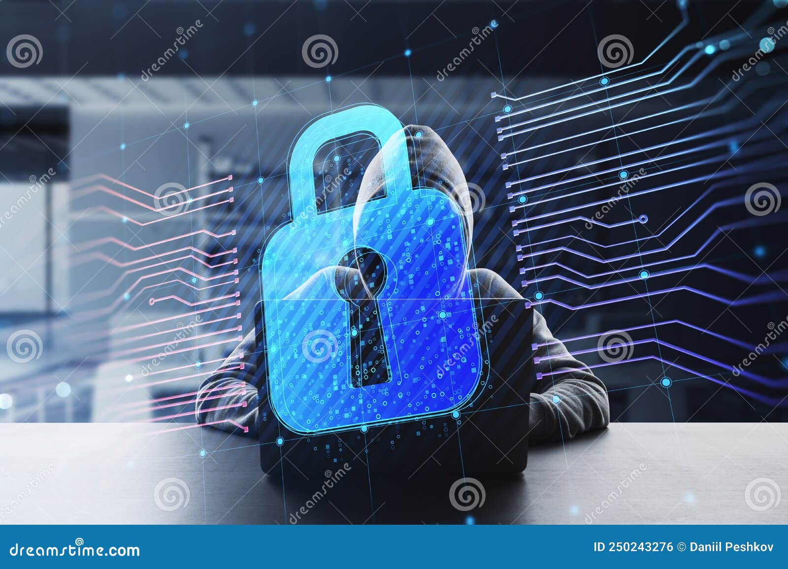Front View Of Hacker At Desktop Using Laptop With Glowing Padlock