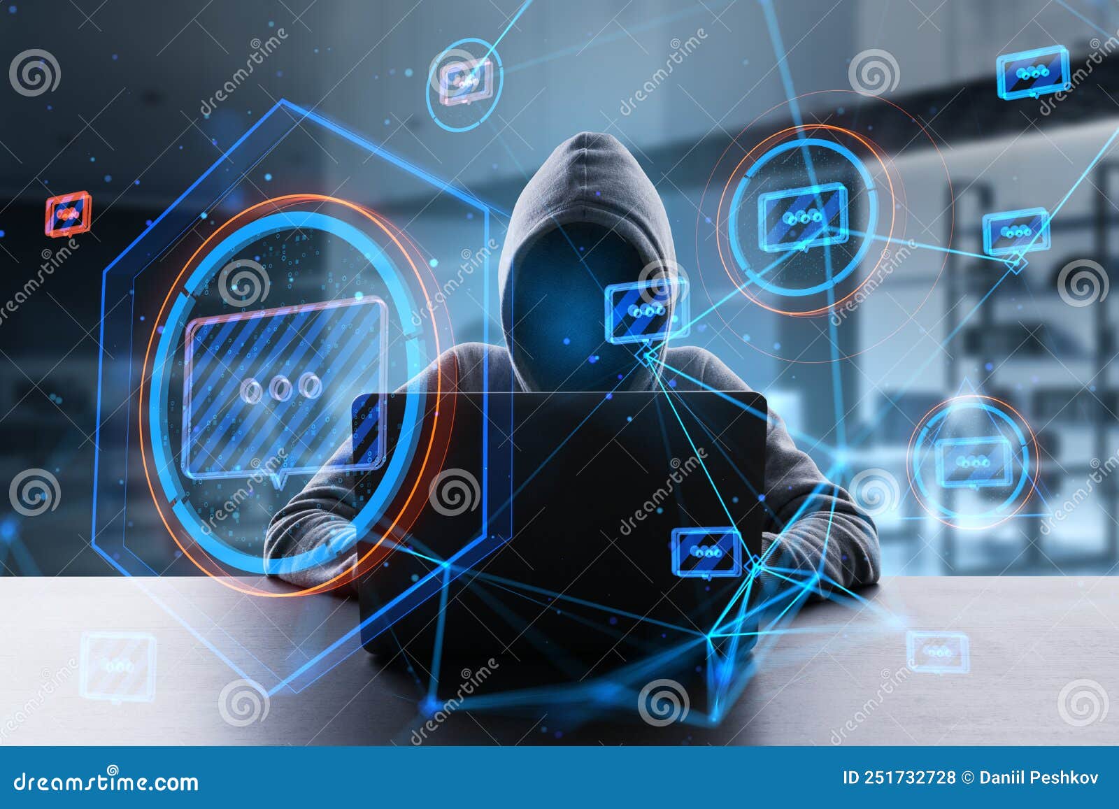 Front View of Hacker Sitting at Desk and Using Laptop with Creative ...
