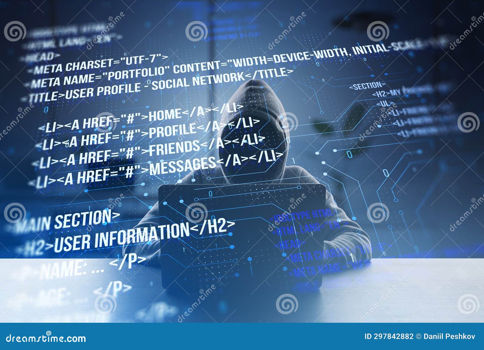 Front View of Hacker Using Computers at Desk with Creative Digital Programming Language on ...