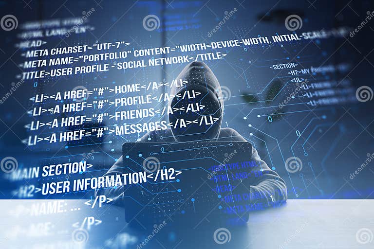 Front View Of Hacker Using Computers At Desk With Creative Digital Programming Language On