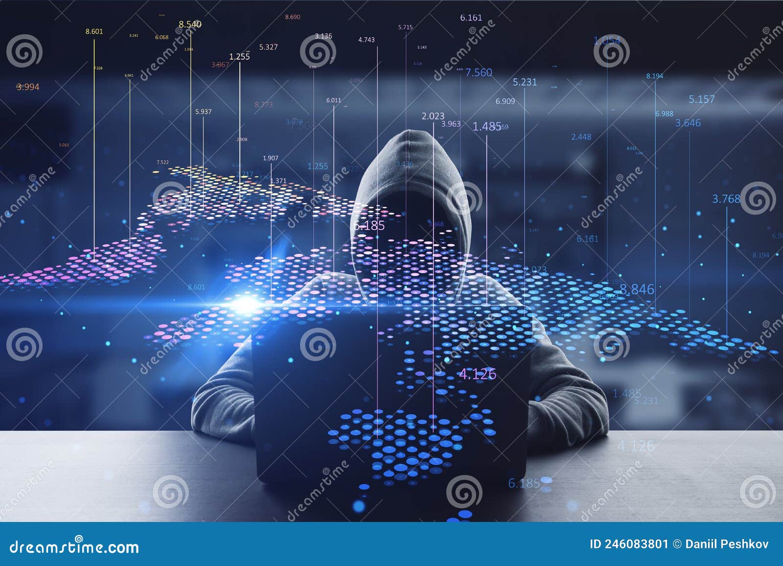 Front View of Hacker Using Computers at Desktop with Abstract Digital ...