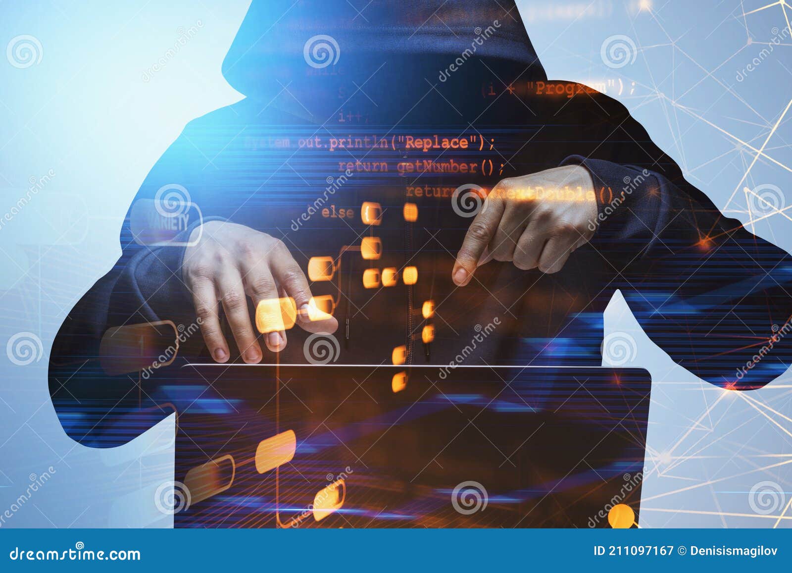 Front View Of Hacker In Web Hologram Coding Interface Glowing P Stock Image Image Of Exposure