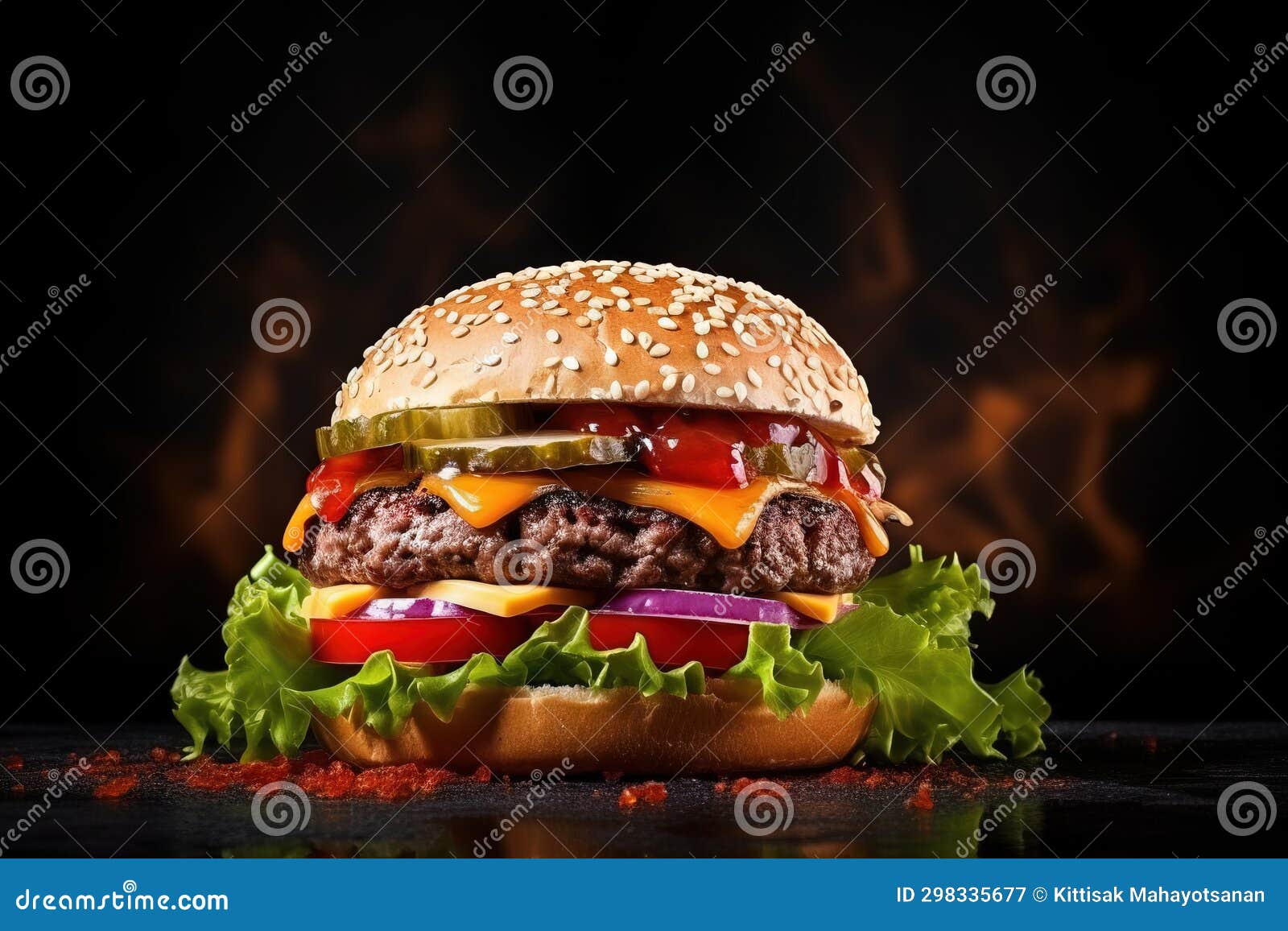 Front View Hamburger Full of Meat and Vegetables and Melted Mayonnaise ...