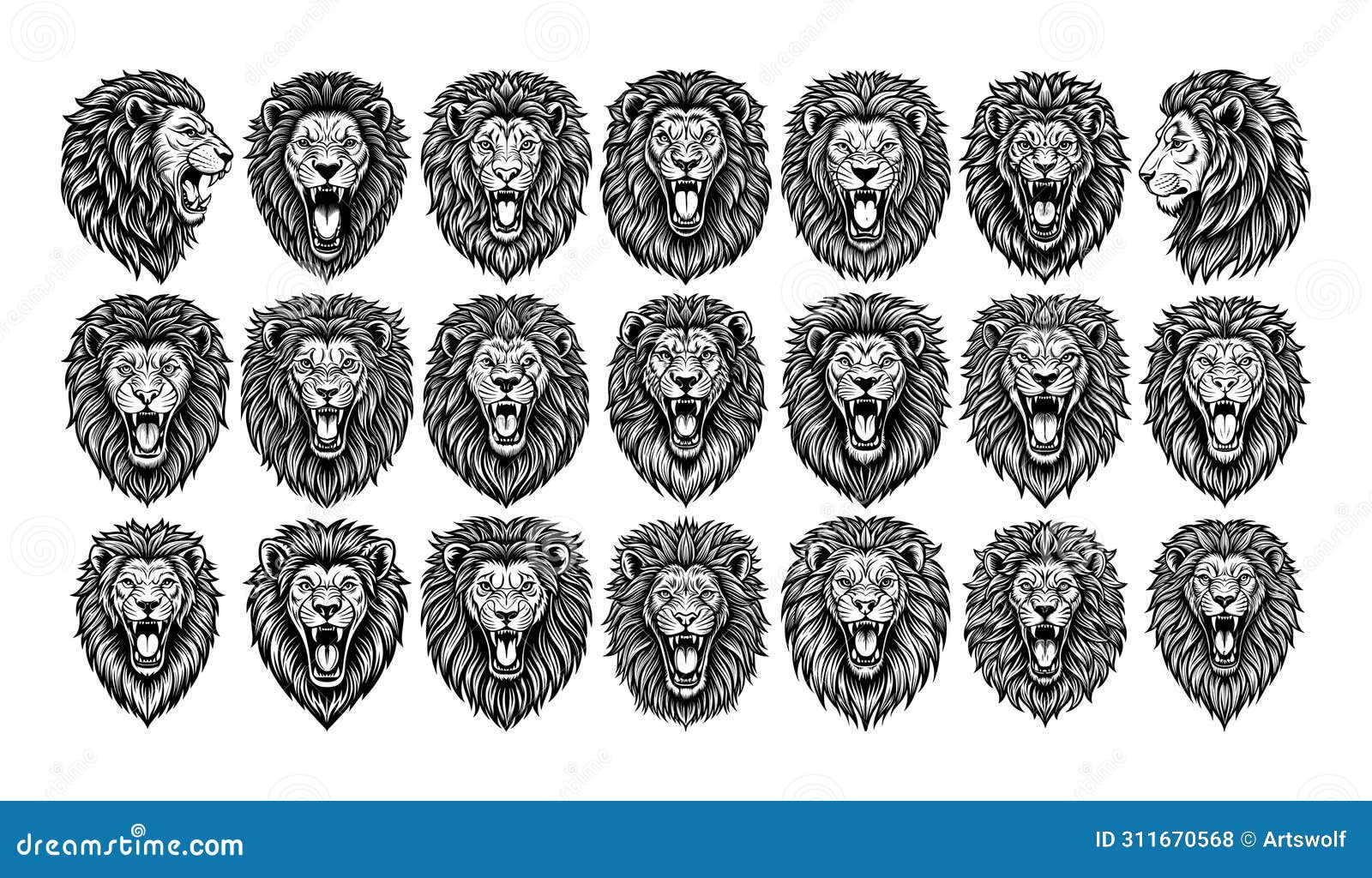 Front View of Hand Drawn Lion Head Design Vector Set Stock Illustration ...