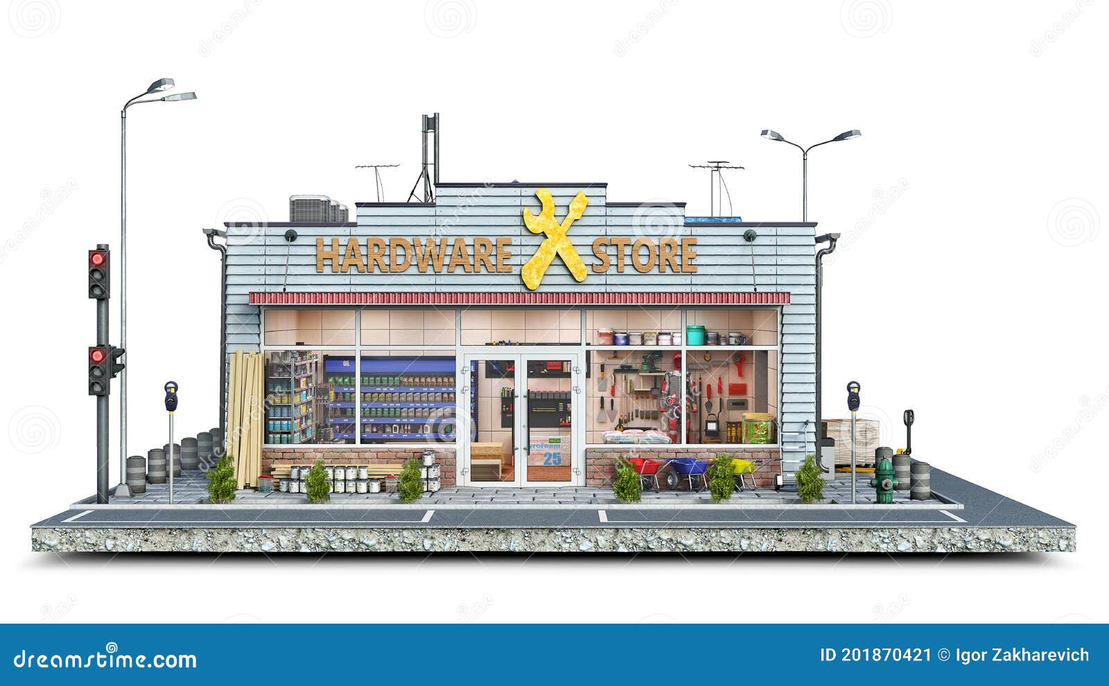 Front View on a Hardware Store Building on a Piece of Ground Stock ...