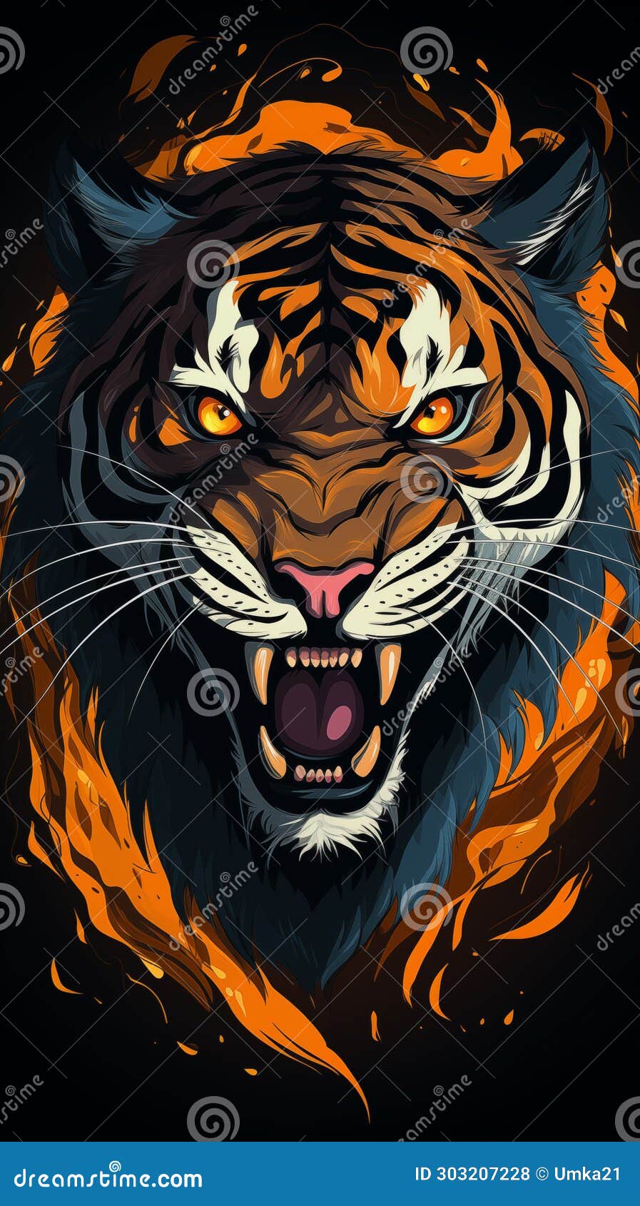 Fiery Tiger Image And Big Round Sun Background. Stock Photo ...