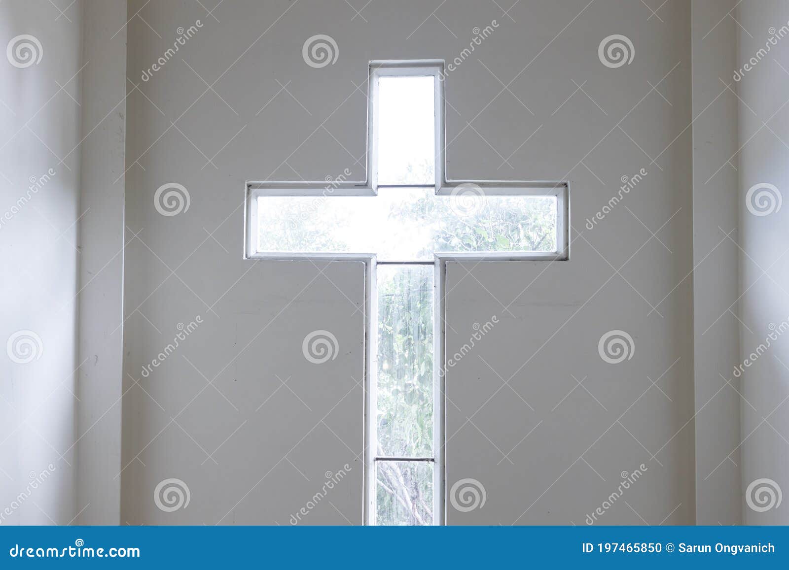 Front View of Interior Transparent Window Cross Shape on White Wall ...