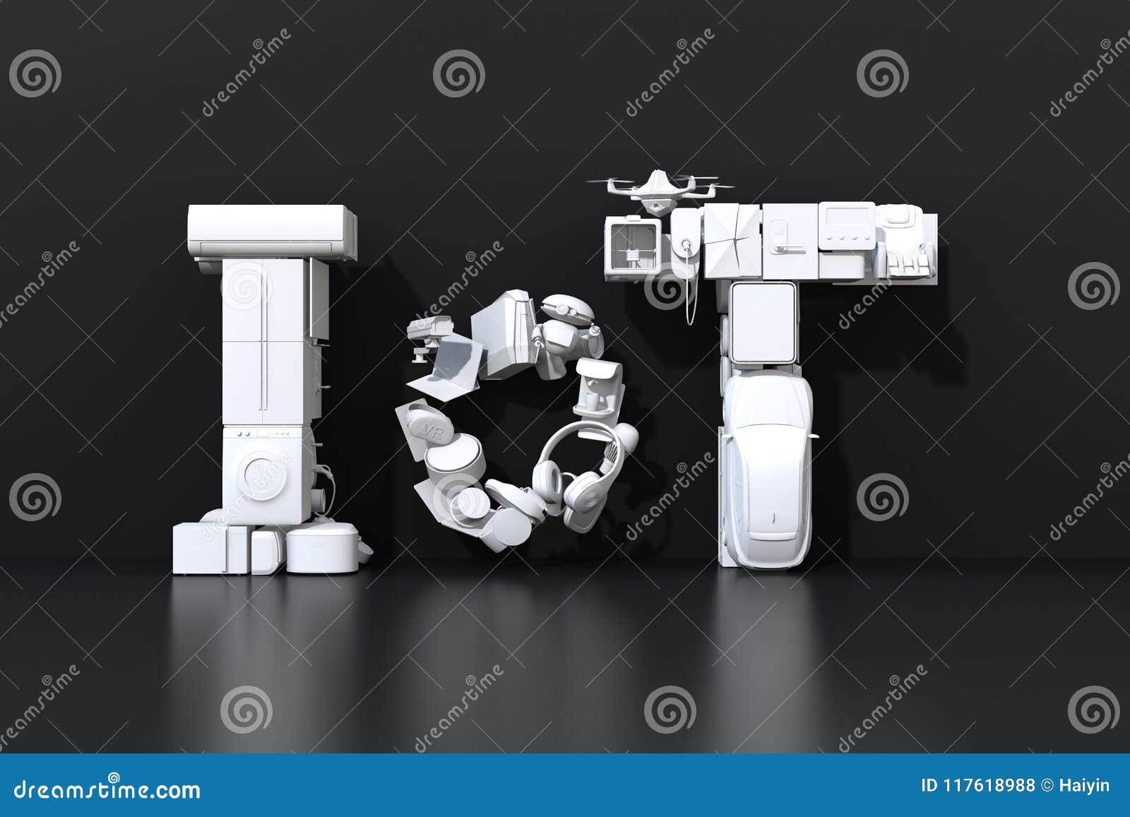 Front View of IoT Text Composed by Smart Appliances on Black Background ...