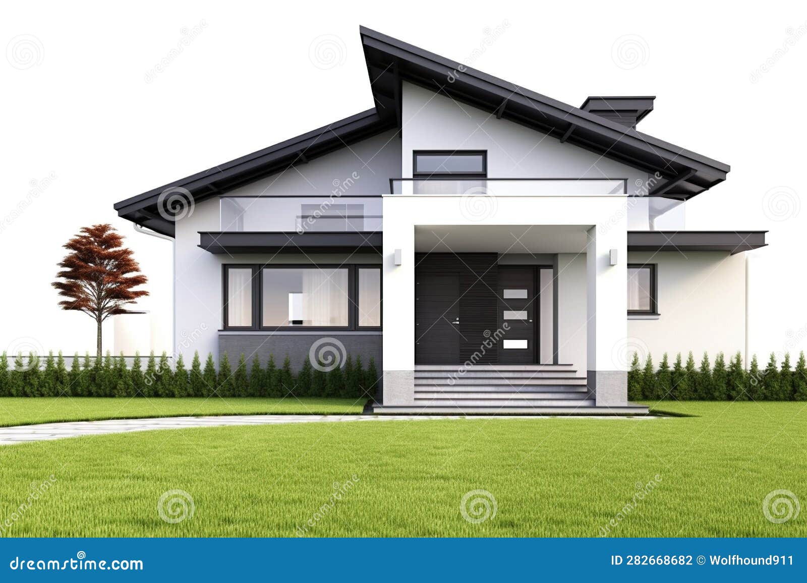 Front View of a Isolated Modern House with a Big Lawn. White Background ...
