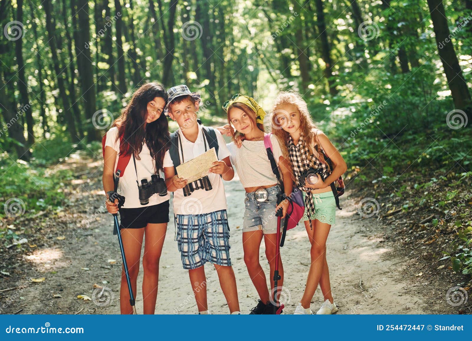 Front View. Kids Strolling in the Forest with Travel Equipment Stock ...