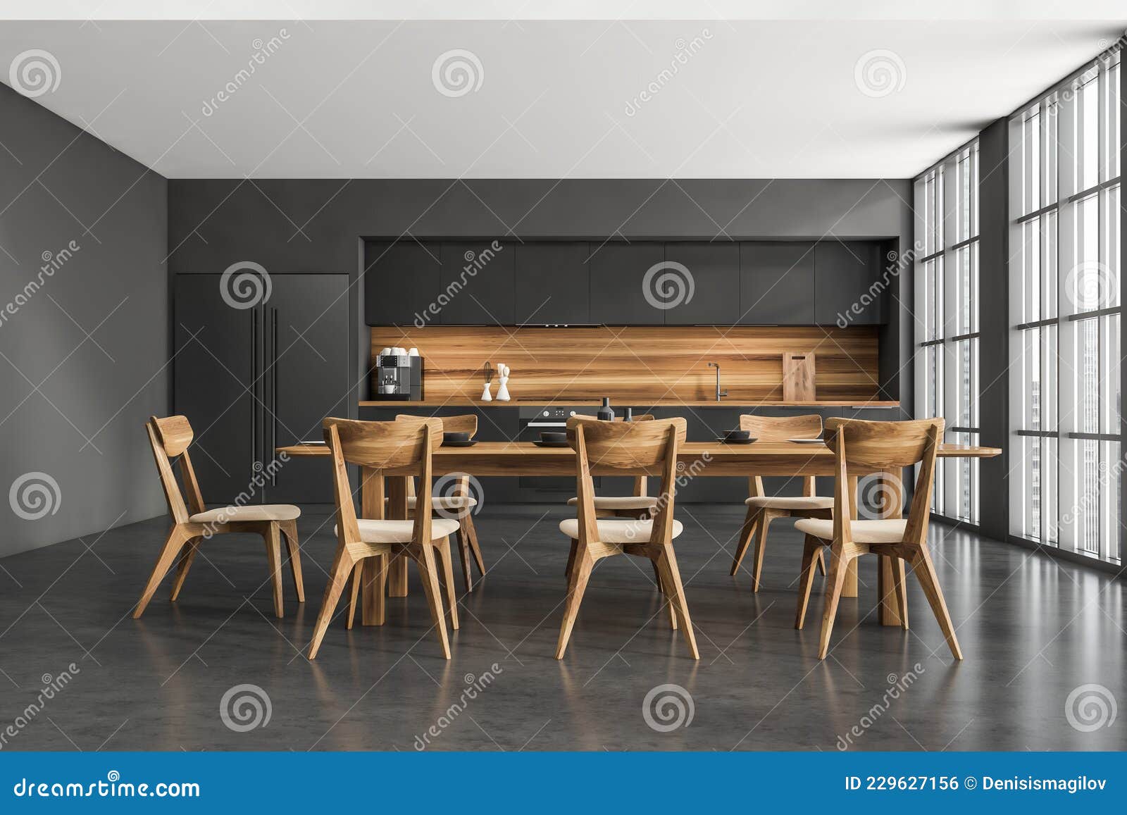 Front View on Kitchen Room Interior with Concrete Floor Stock ...