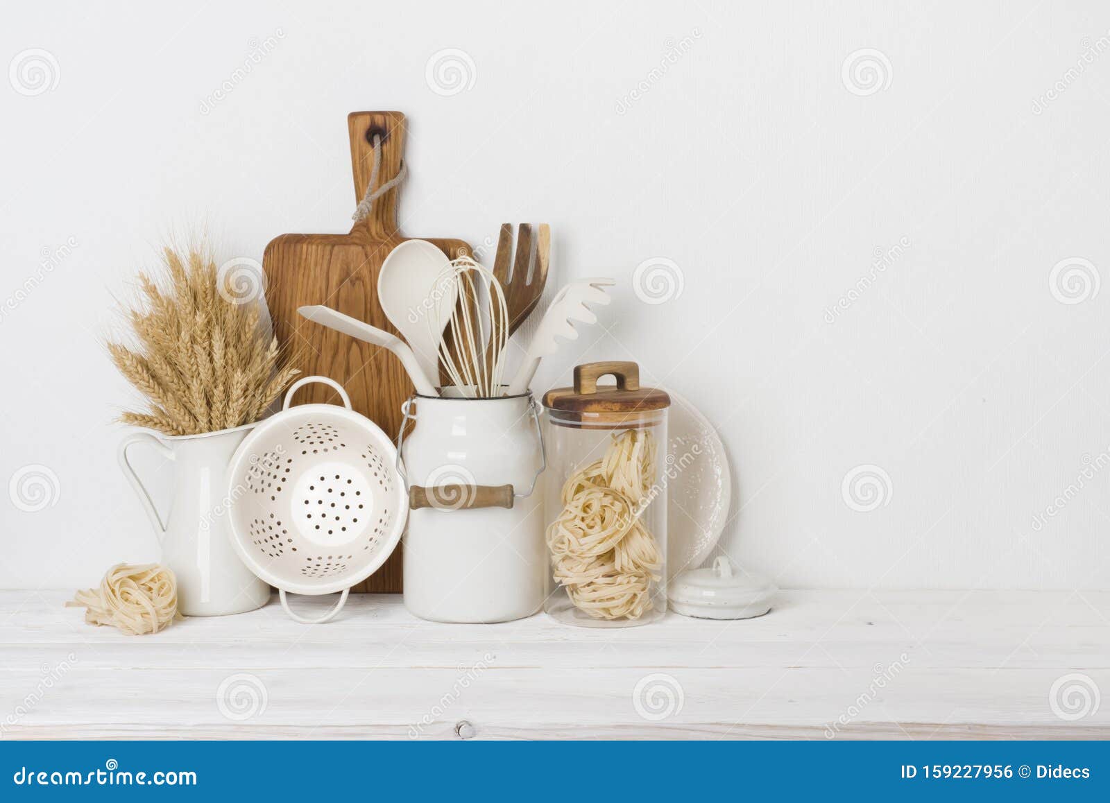 Front View of Kitchen Table with Baking Tools and Decor Stock Photo ...