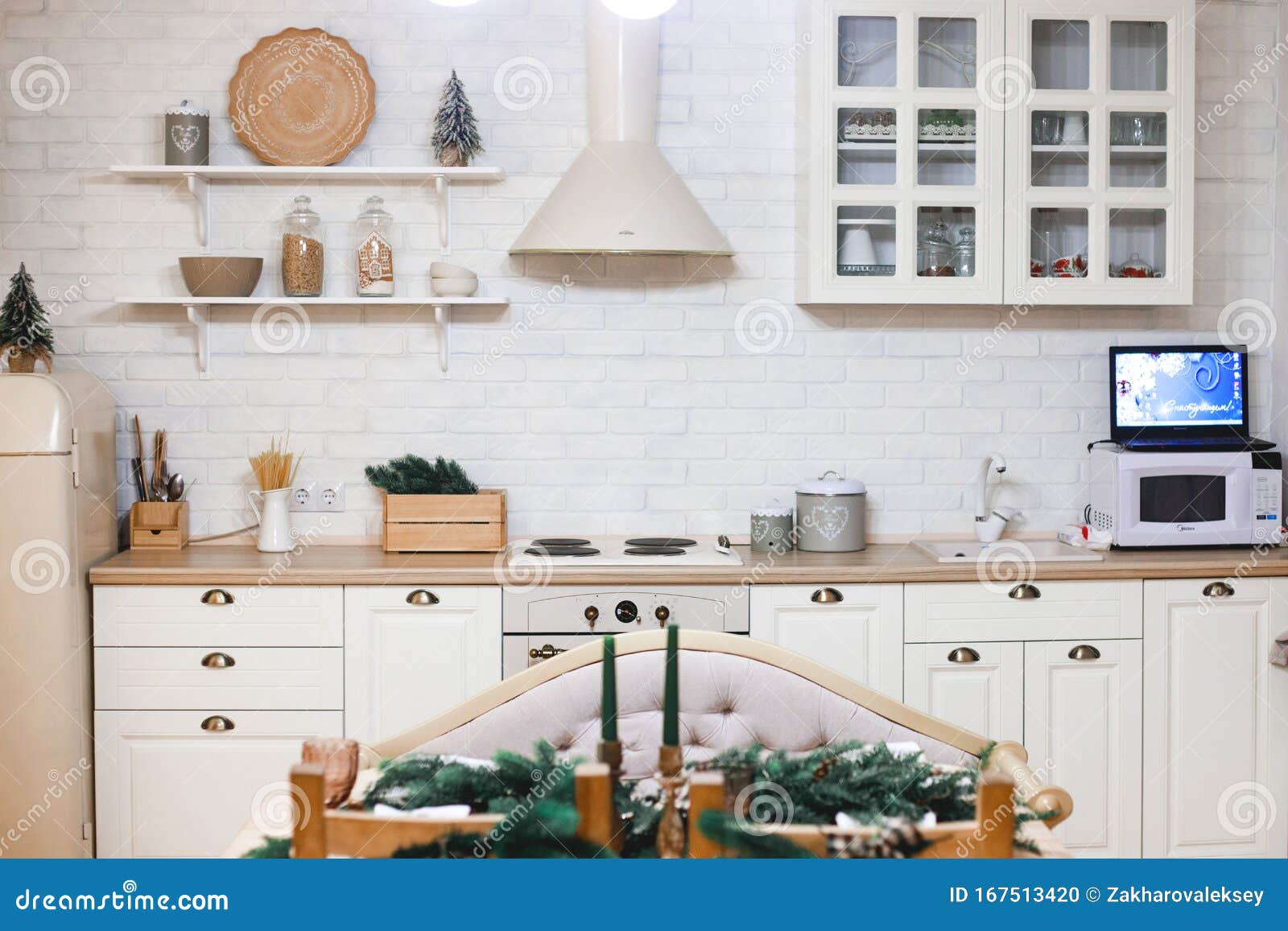 Front View of Kitchen Table in Fancy Bright Kitchen Stock Photo - Image ...