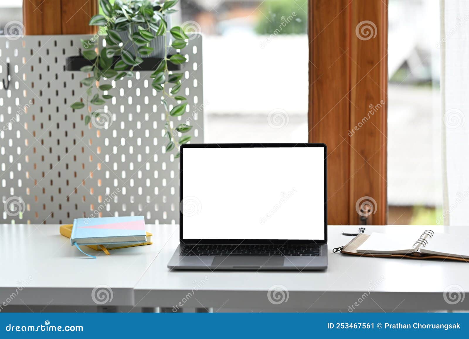 Front View Laptop Computer with Empty Screen, Notebook and Houseplant ...