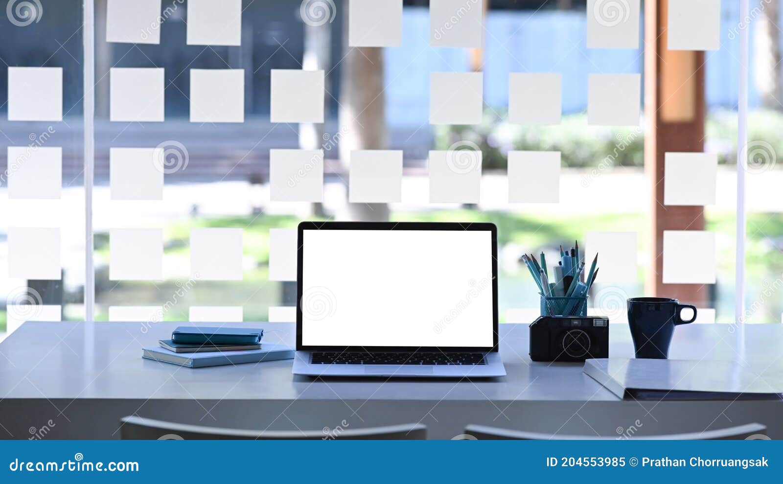 Front View of a Laptop Computer on Table in Meeting Room. Stock Image ...