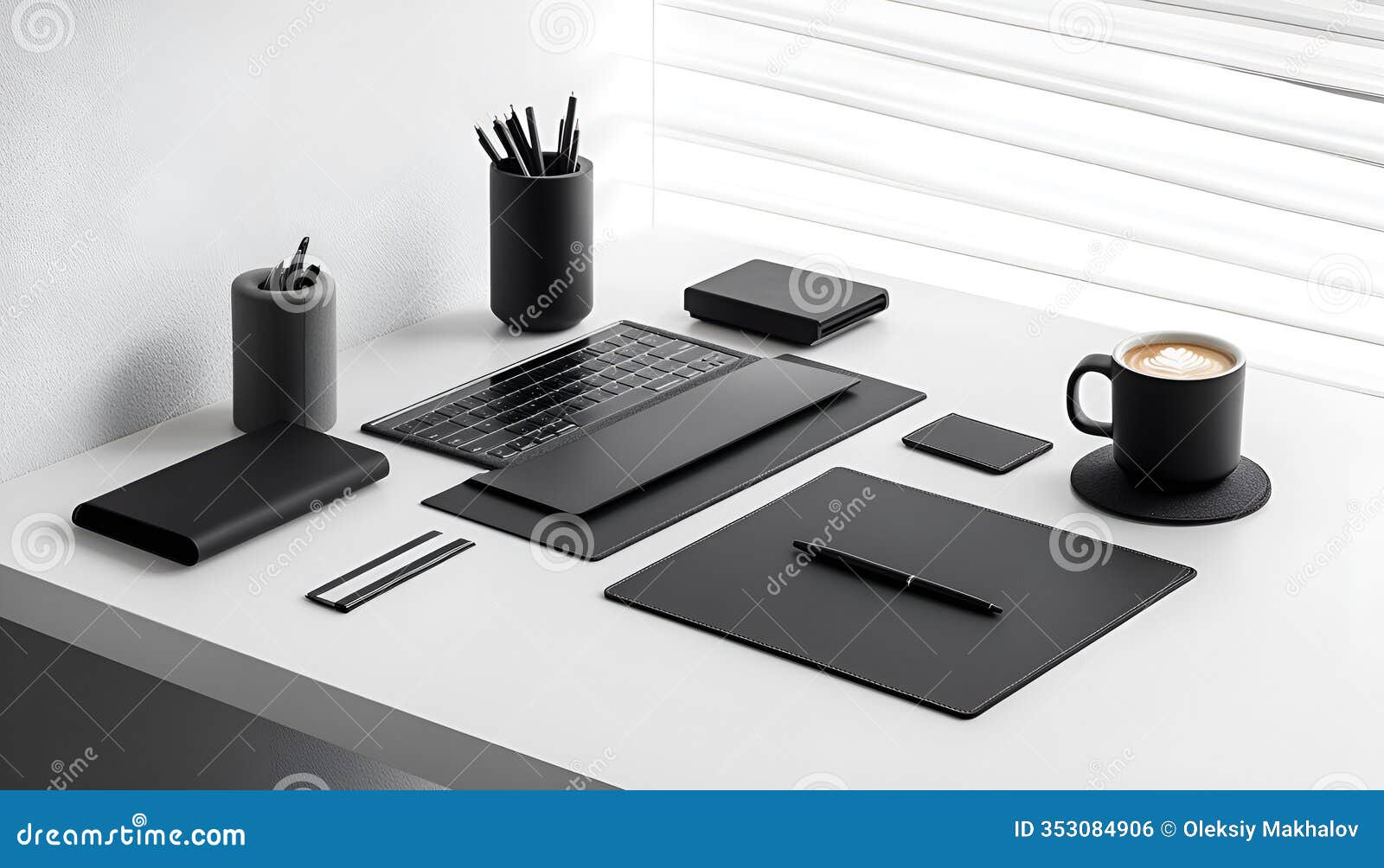 Front View Laptop with Empty Display, Documents and Coffee Cup on ...