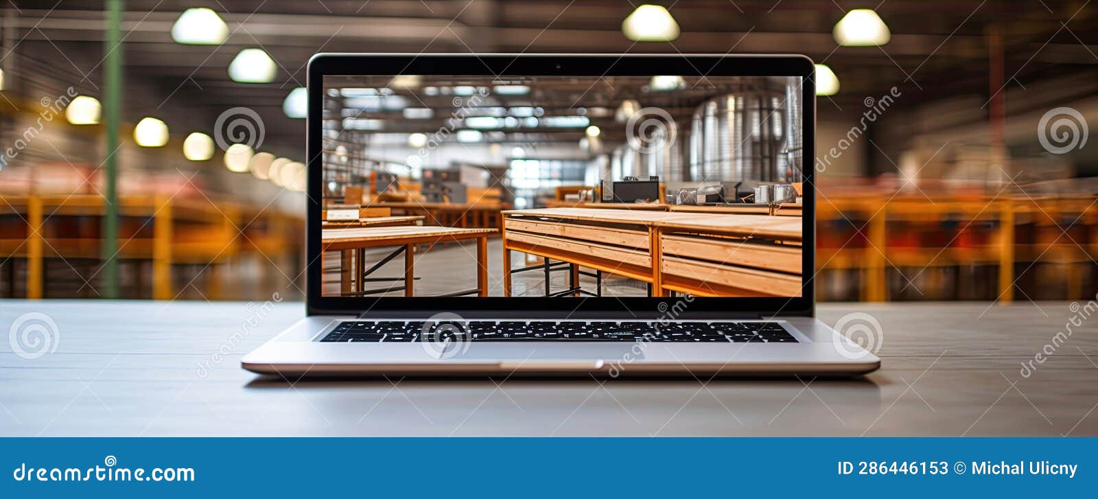 Front View of Laptop with Screen. Modern Architecture in the Background ...