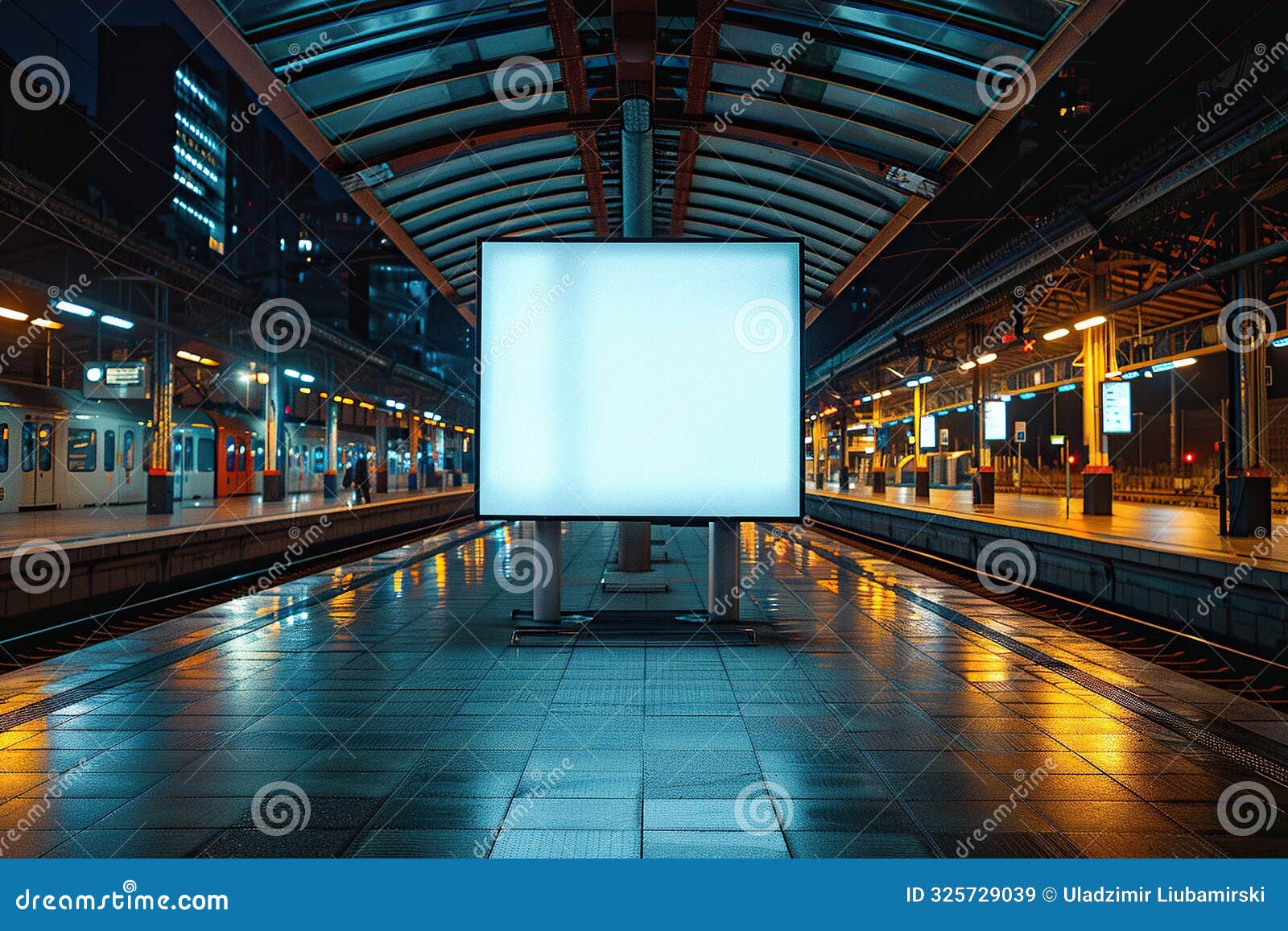 Front View of a Large White Empty Board at a Modern Train Station at ...