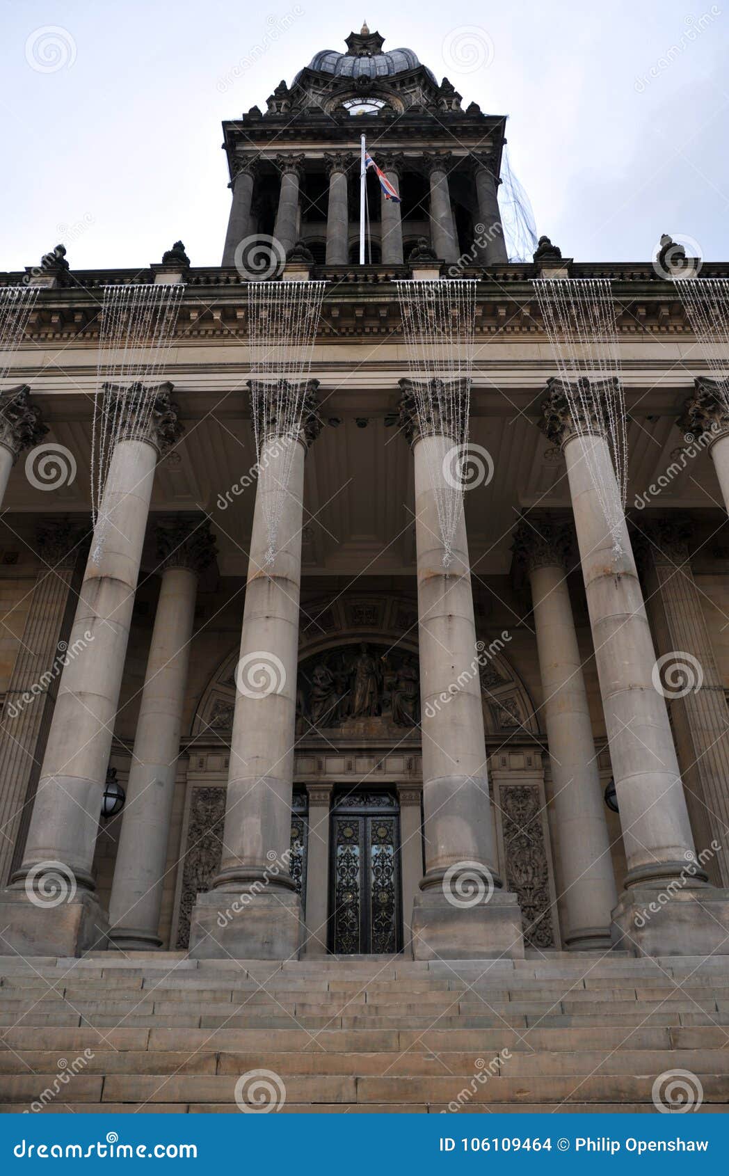 Front View of Leeds Town Hall with Main Doors Columns and Steps Stock ...