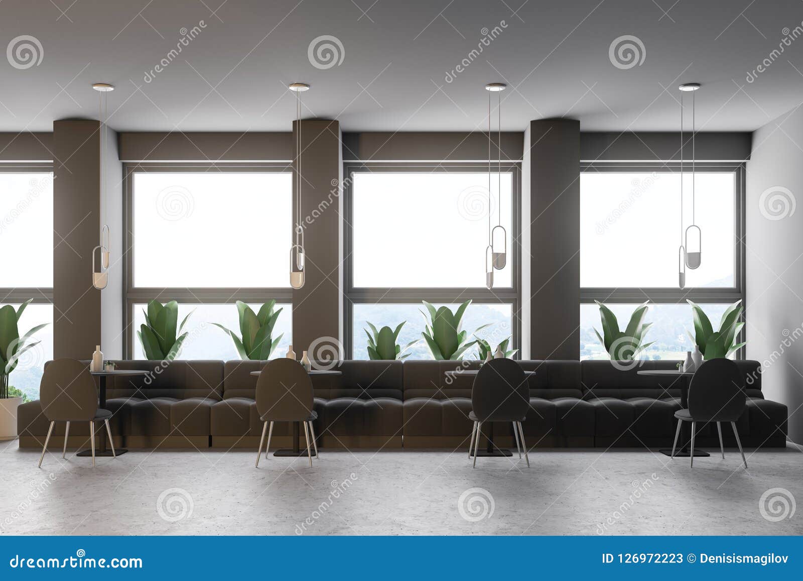 Gray Retro Cafe Interior, Loft and Plants Stock Illustration ...