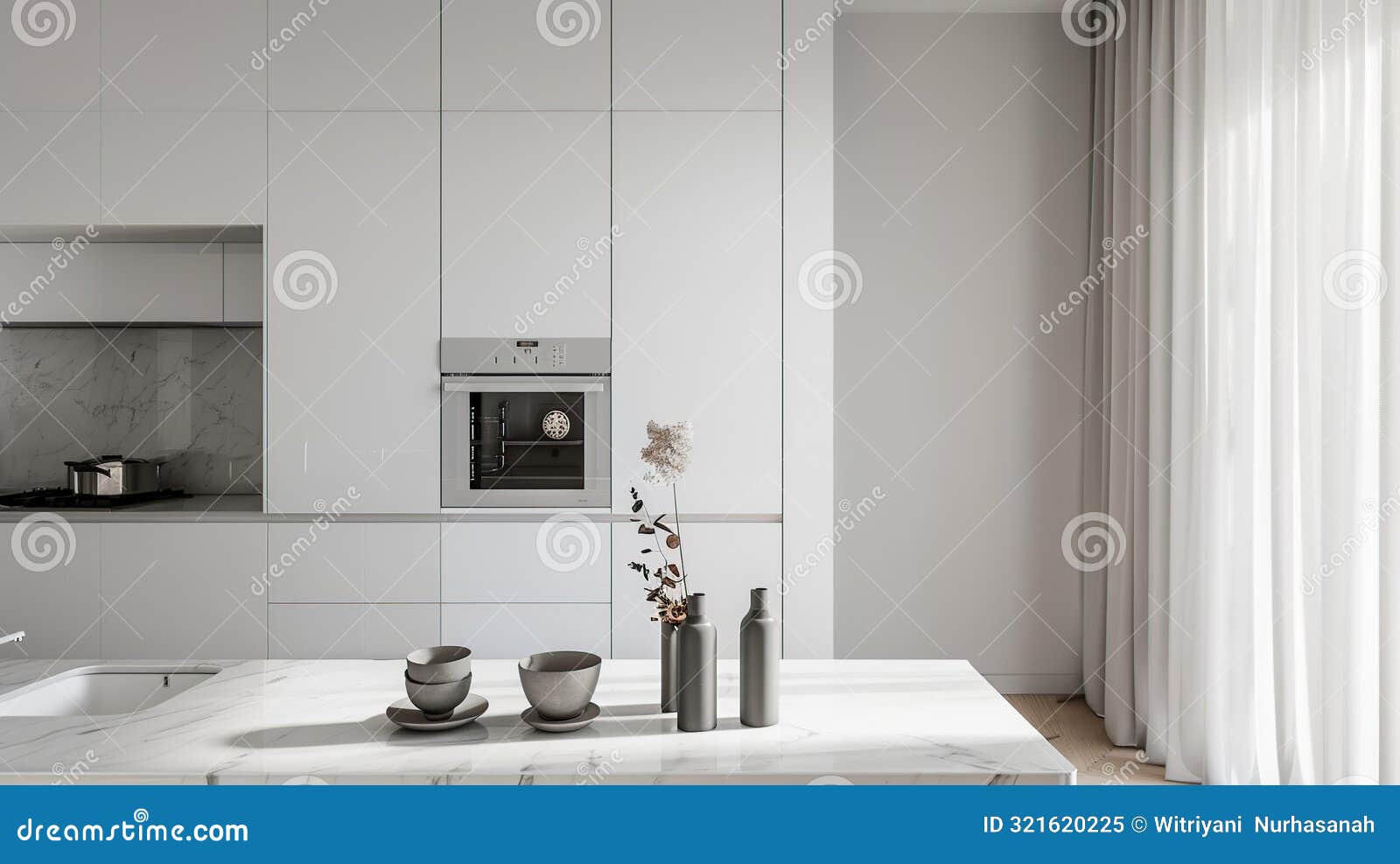 Front View of Light Minimalistic Kitchen, Luxury Kitchen with Oven on ...