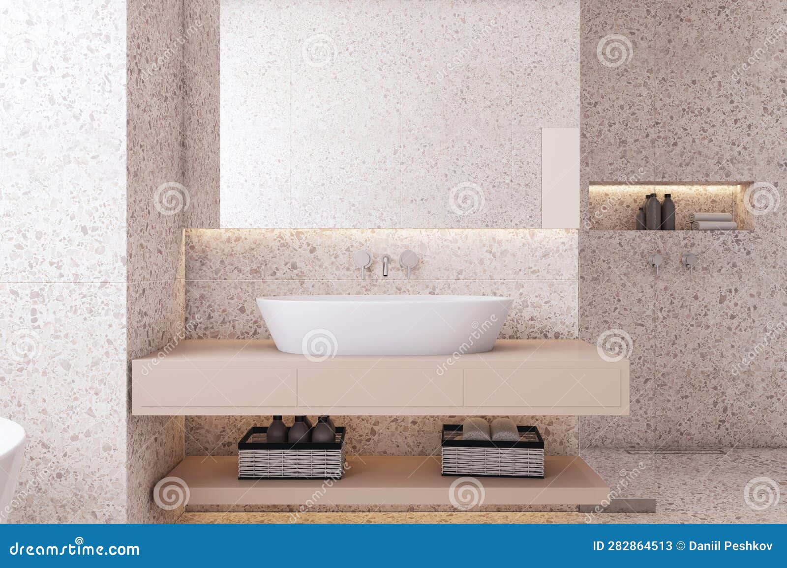 Front View of Light Bathroom Interior Design with Tiles Stone Walls. 3D ...