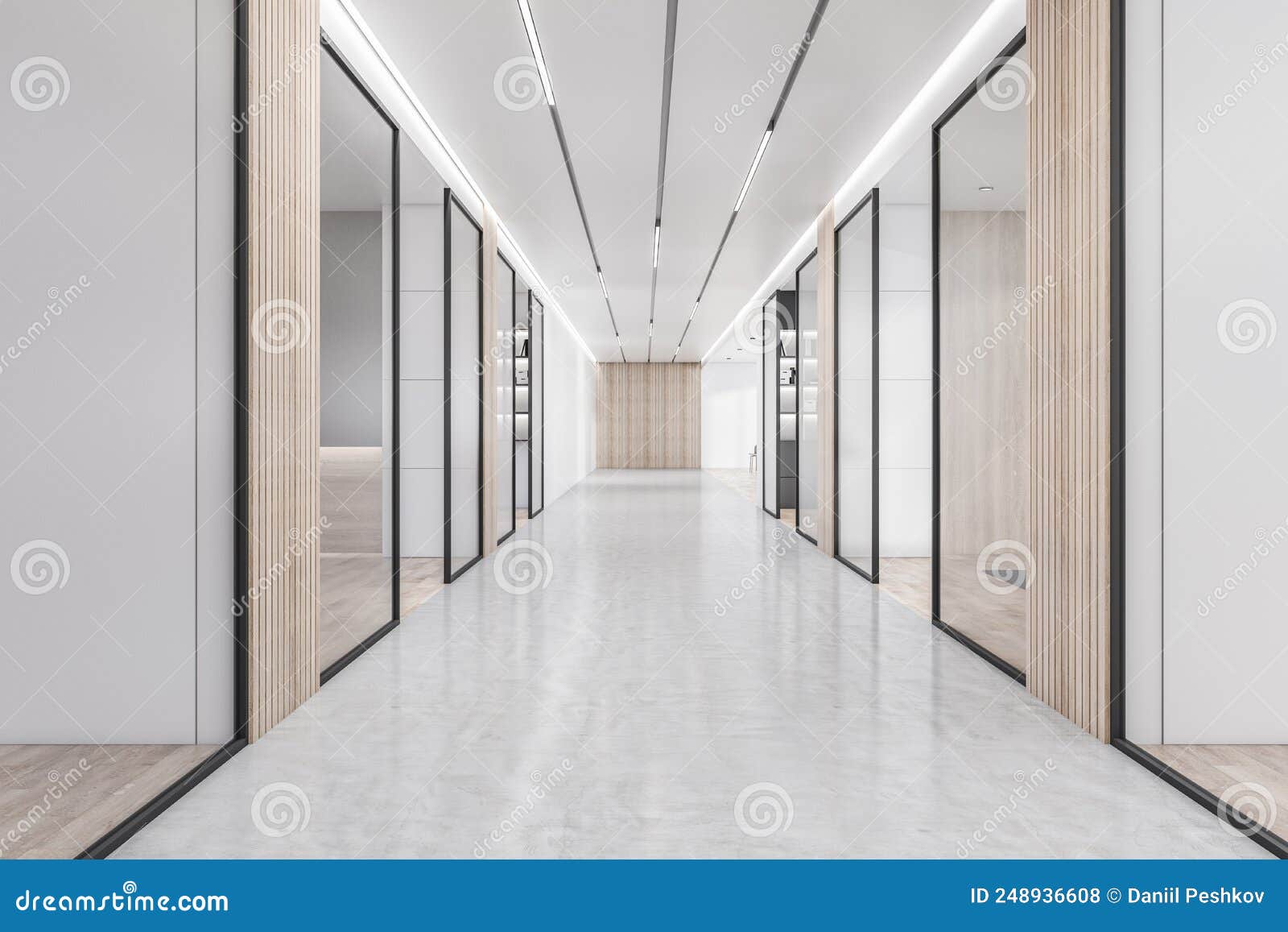 Front View On Light Spacious Office Corridor With Light Walls And ...