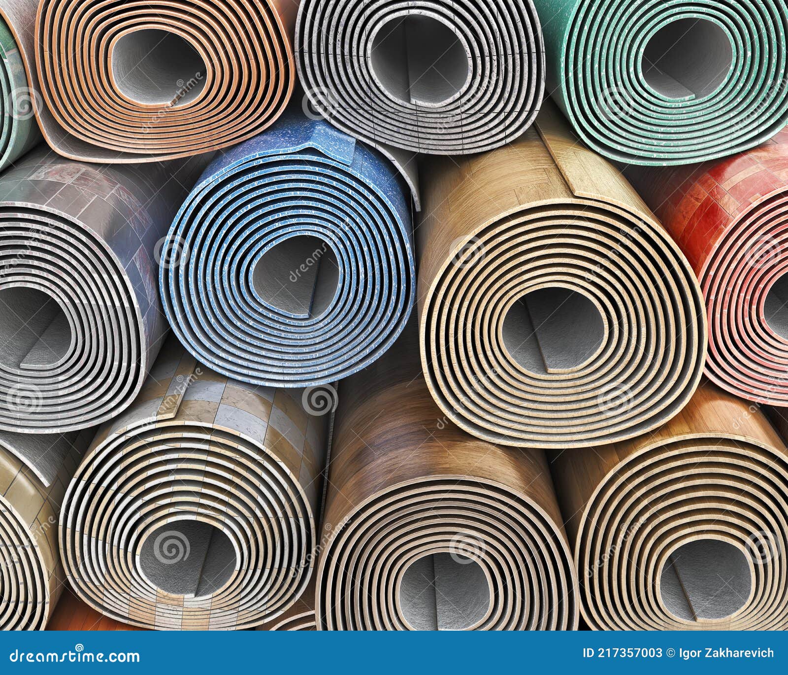 Front View on Linoleum Rolls with Different Color, Texture, Pattern ...
