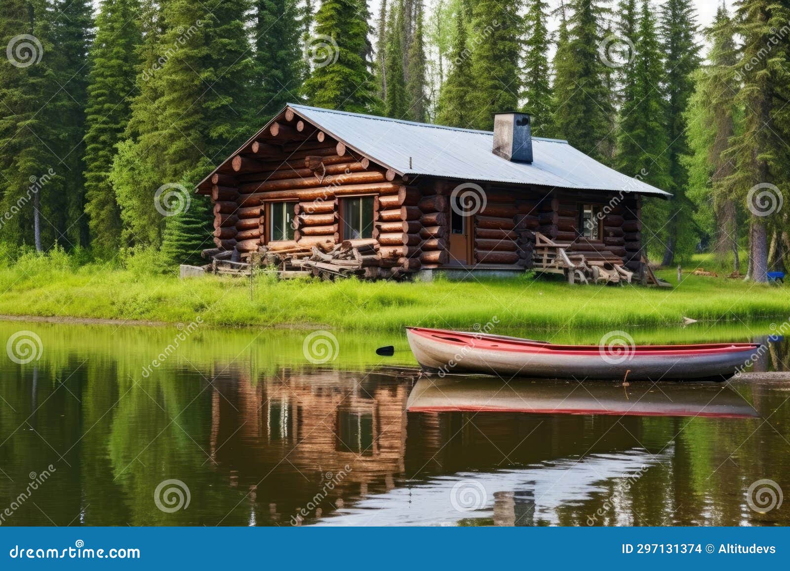 Front View of a Log Cabin with a Canoe on Its Side Stock Photo - Image ...