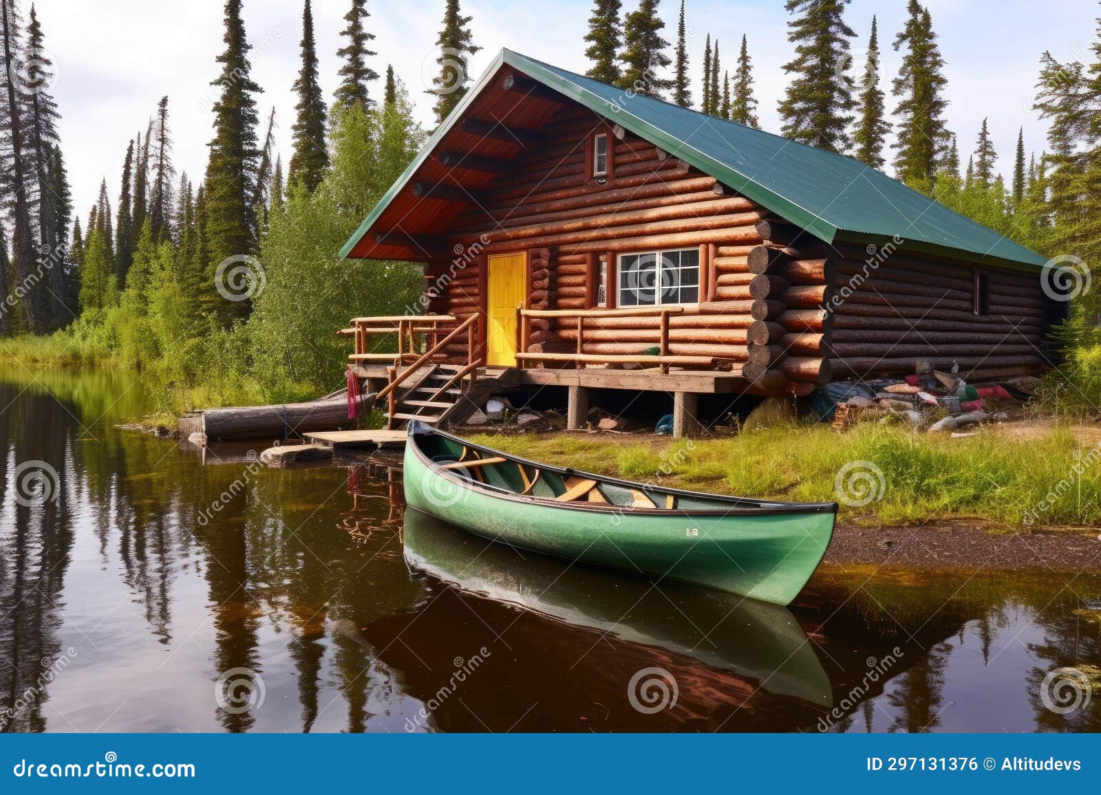 Front View of a Log Cabin with a Canoe on Its Side Stock Photo - Image ...
