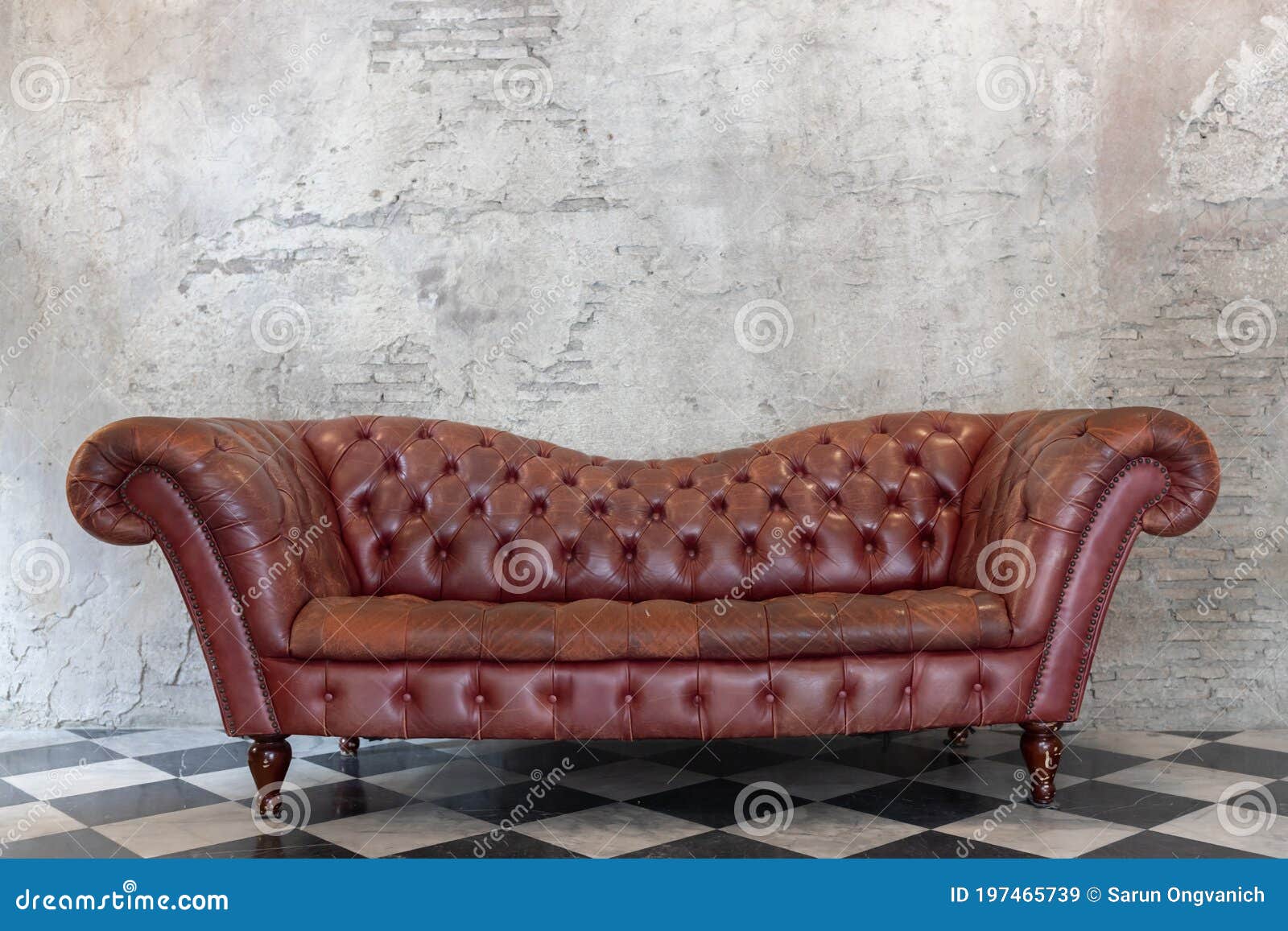 Front View of Luxury Red Leather Sofa on Checkered Pattern Marble Tiles ...