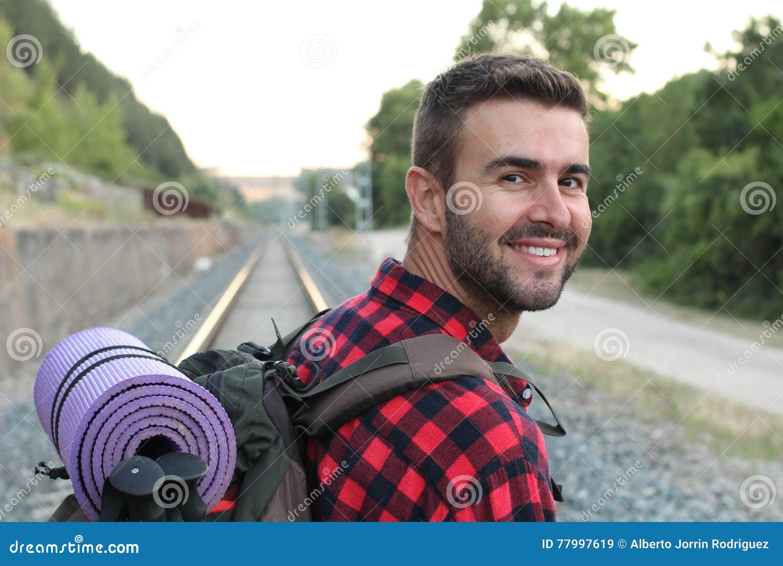 Front View of Man with Backpack Hiking in Forest Stock Image - Image of ...