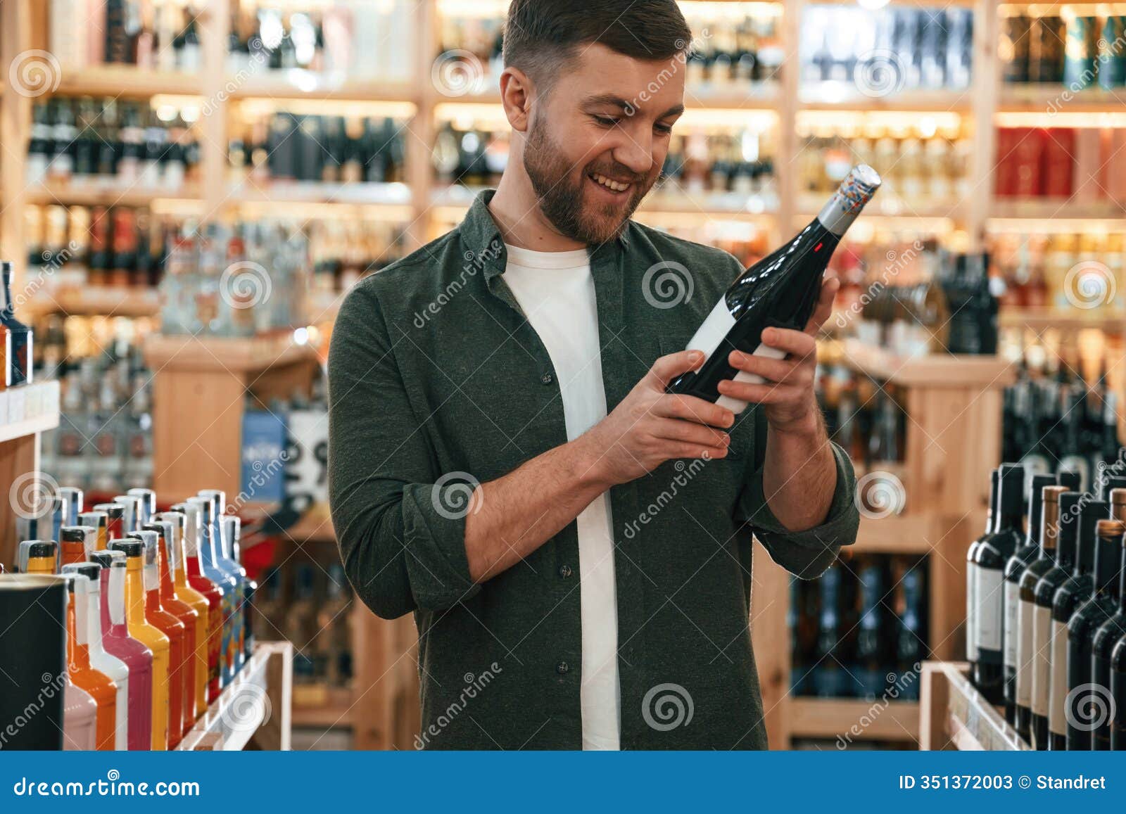 Front View. Man is Choosing Wine in the Store Stock Illustration - Illustration of adult ...
