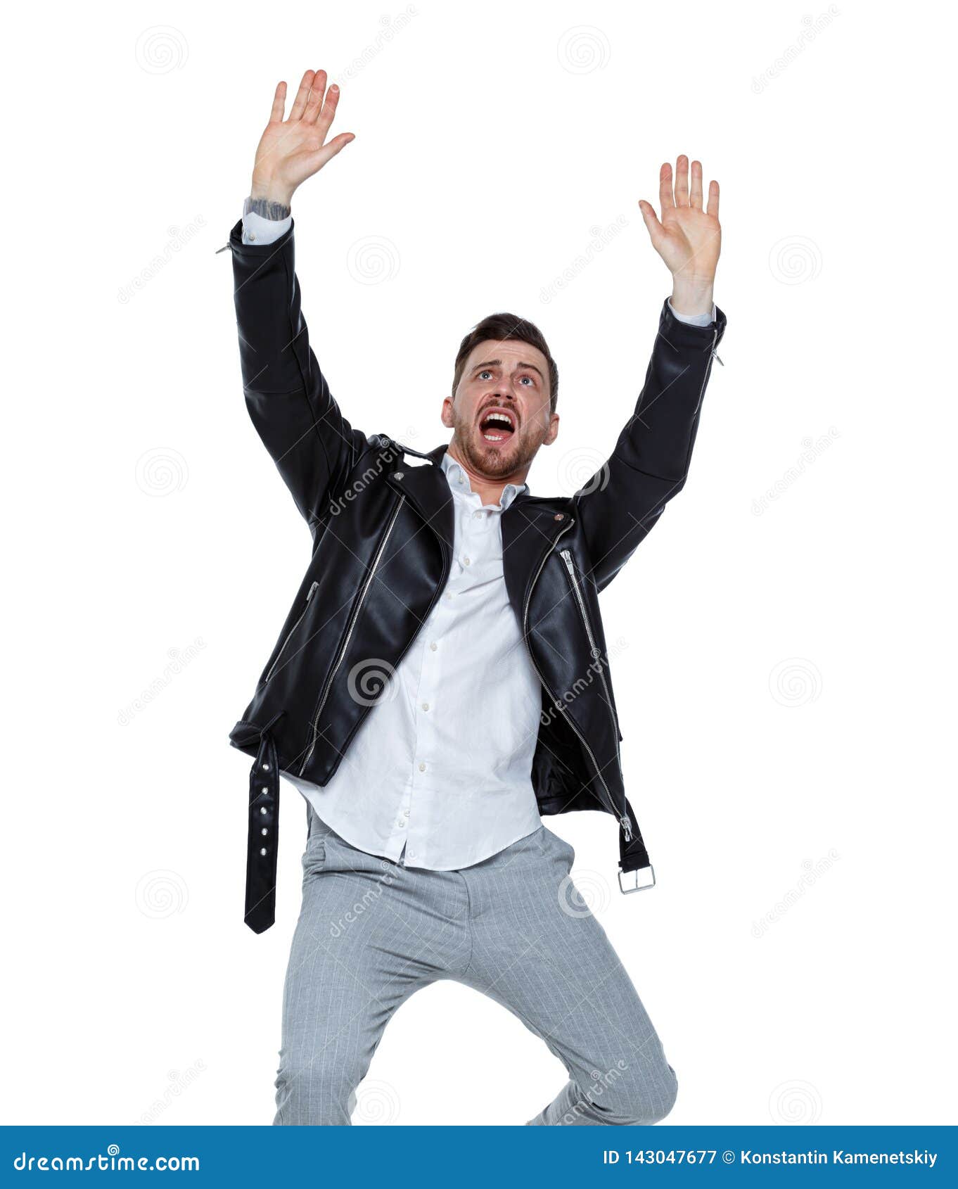 Front View Man Protects Hands from What is Falling from Above Stock ...