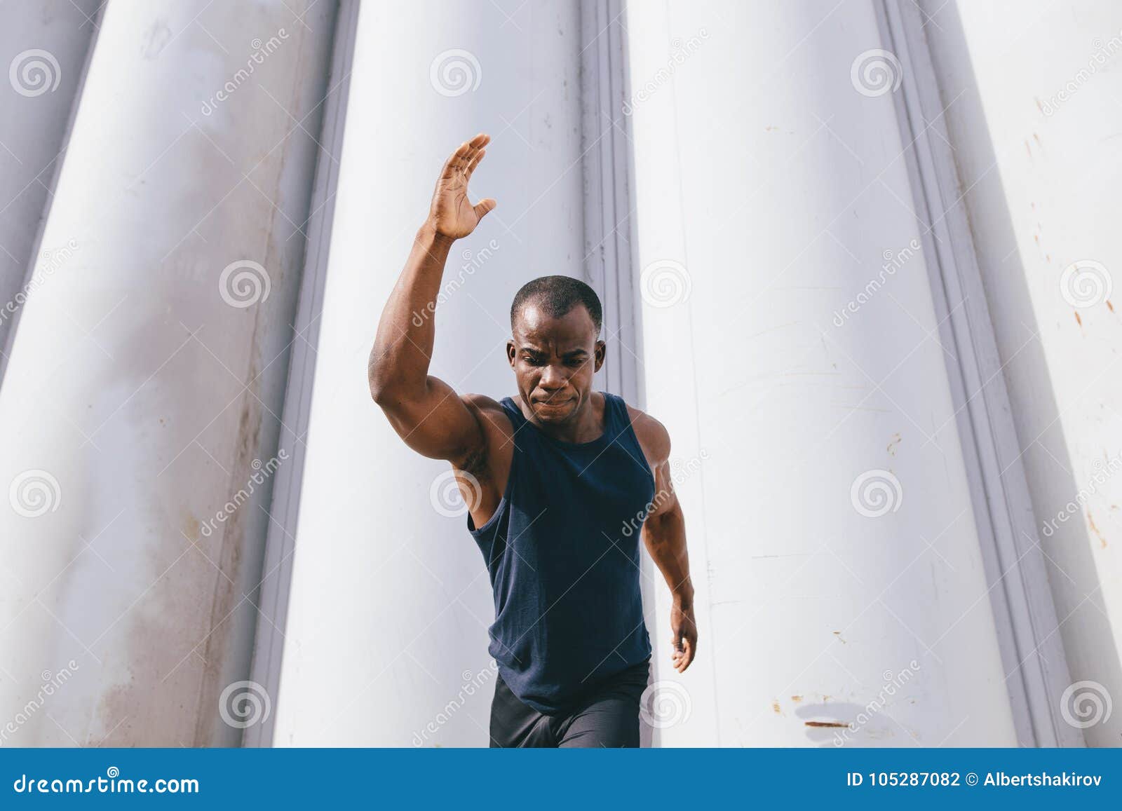 Front View Man Start Running on with Blue Sky in the Background Stock ...