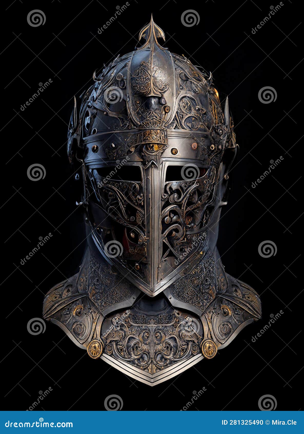 Front View of Medieval Knight Helmet, Isolated on Black Background ...