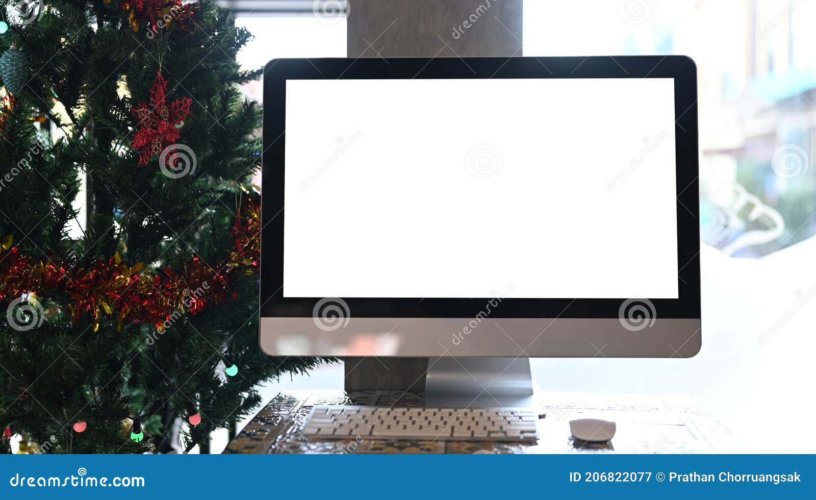 Front View of Mock Up Modern Desktop Computer with White Screen. Stock ...