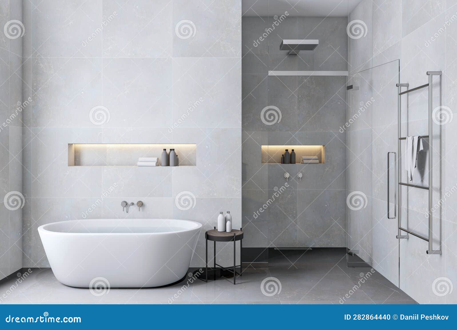 Front View of Bathroom Interior Design with Tiles Grey Walls and Floor ...