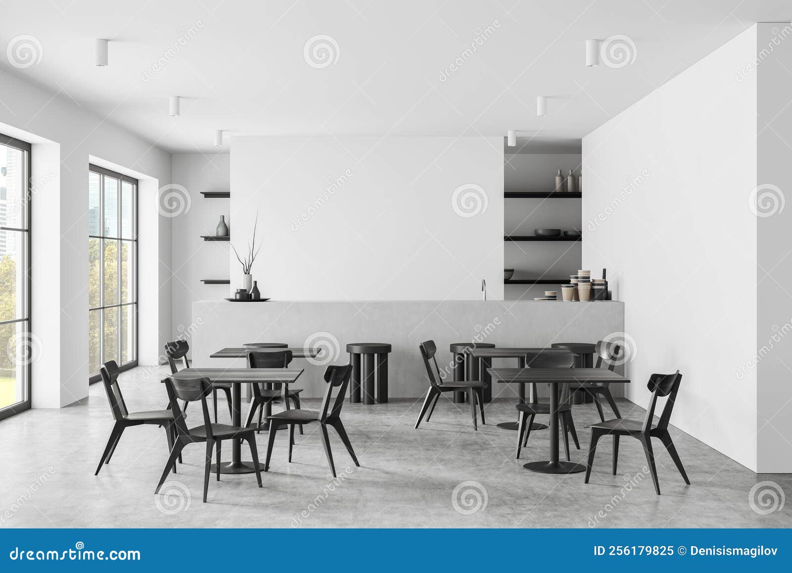 Front View on Modern Bright Cafe Interior with Four Tables Stock ...