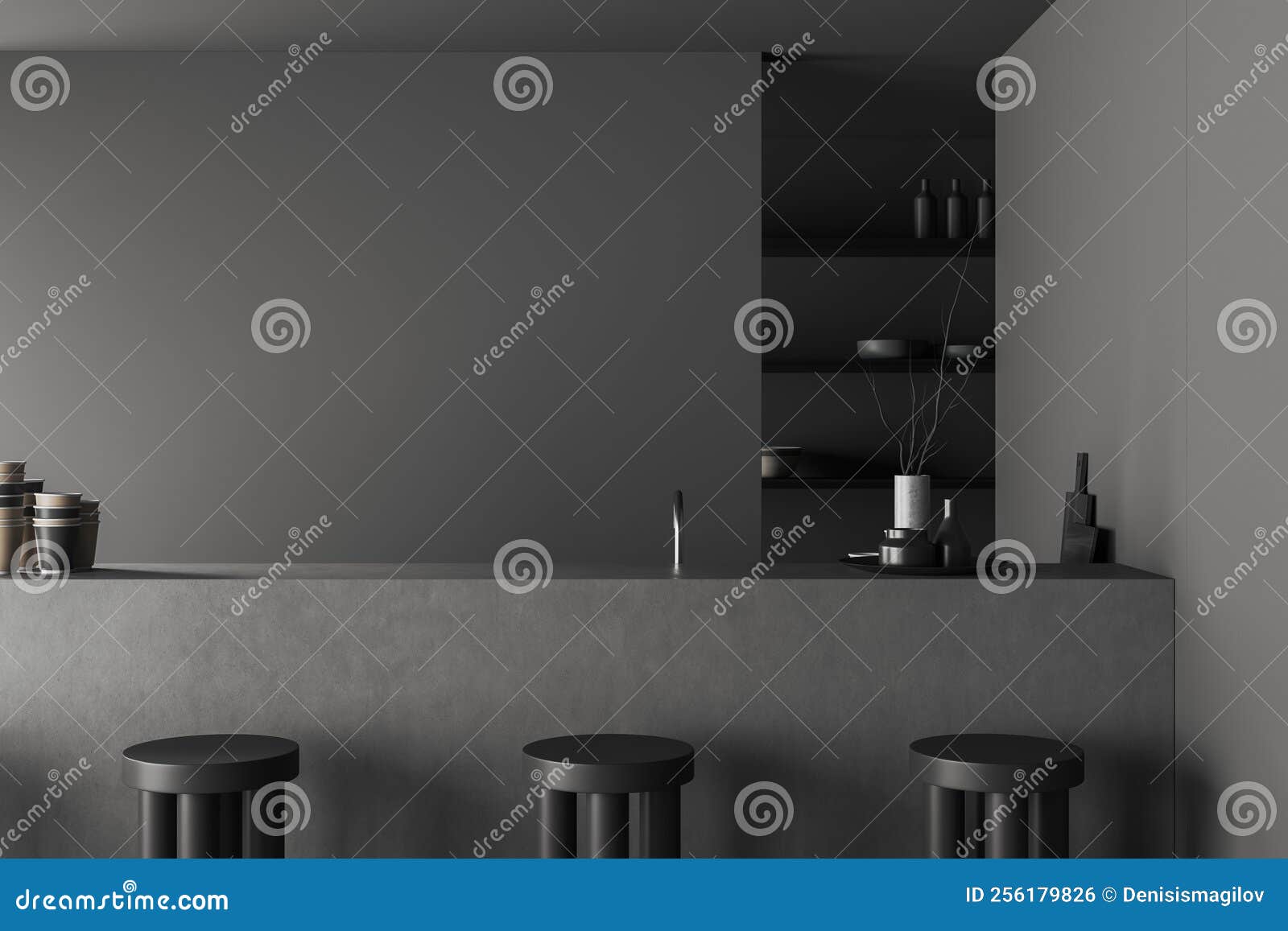 Front View on Modern Dark Cafe Interior with Grey Wall Stock ...