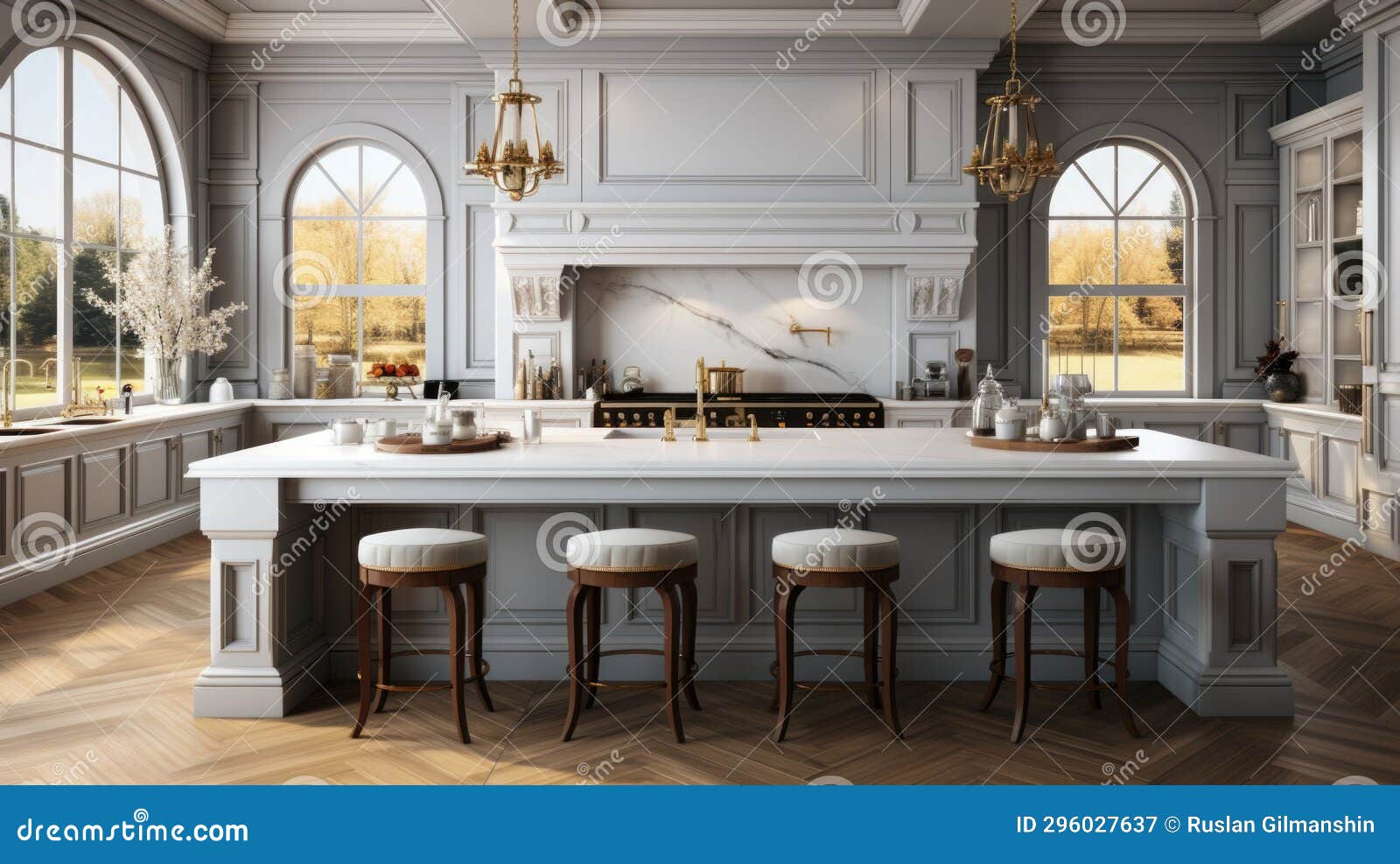 Front View of a Modern Designer Kitchen with Smooth Handleless Cabinets ...