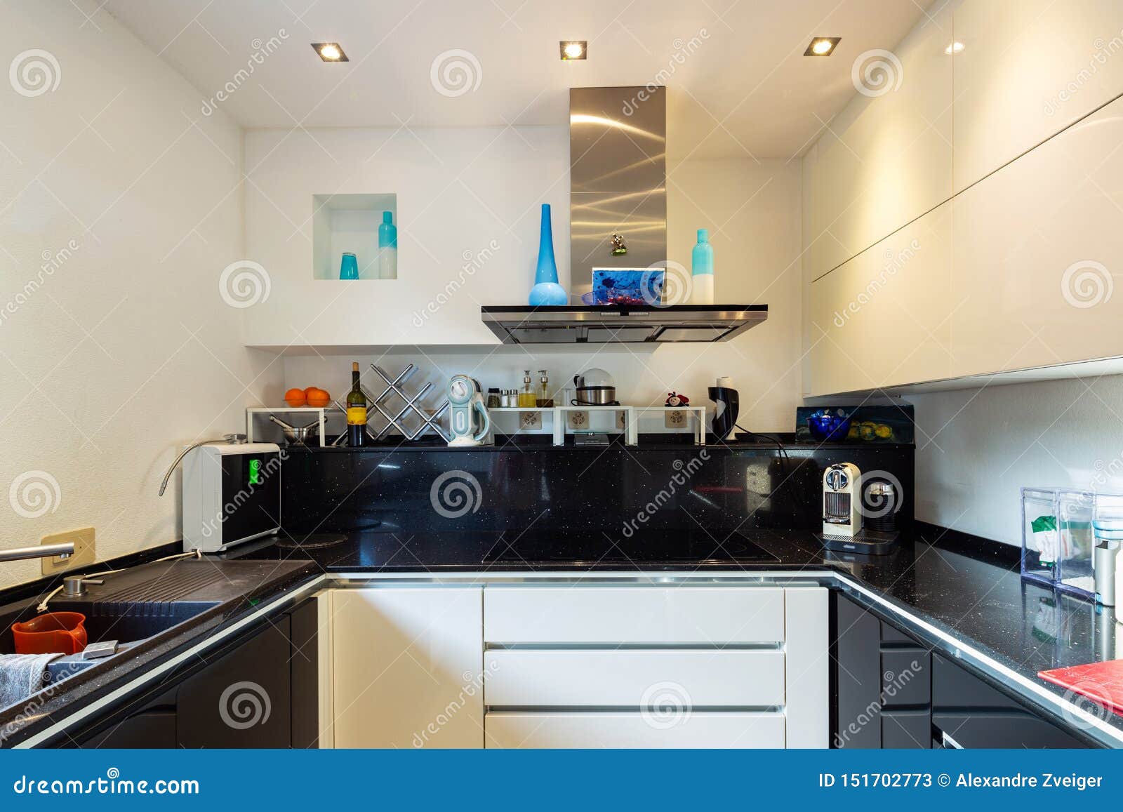 Front View Modern White Kitchen Stock Image - Image of home, indoor ...