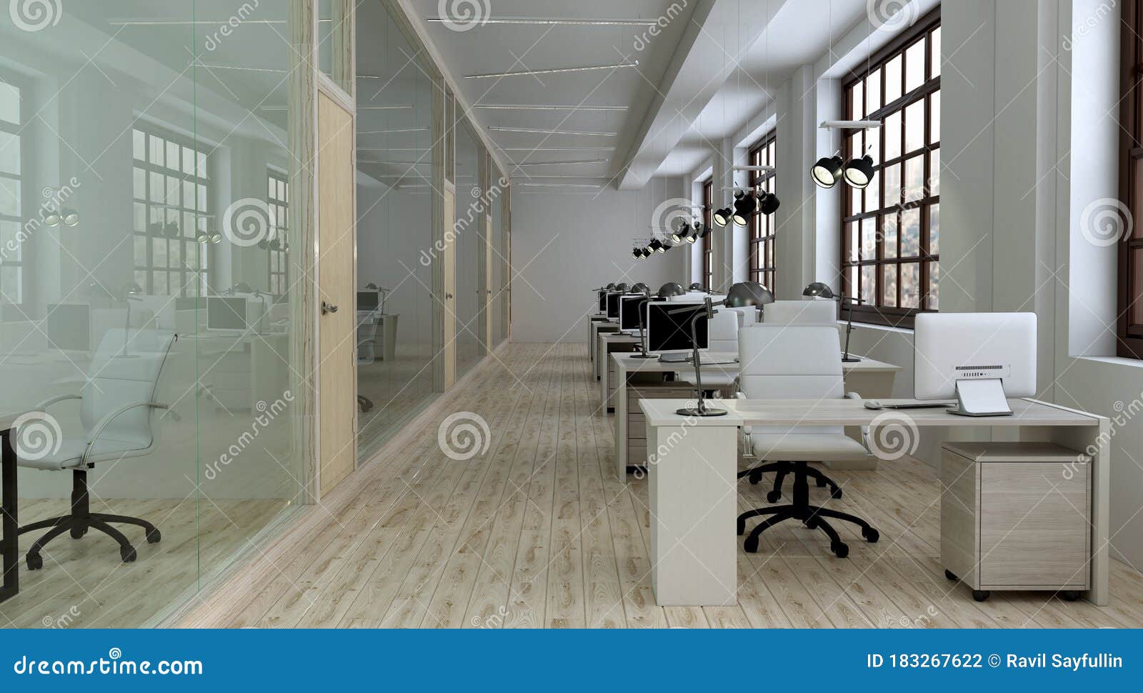 Front View of the Office Interior with Large Windows and a Row of Light ...