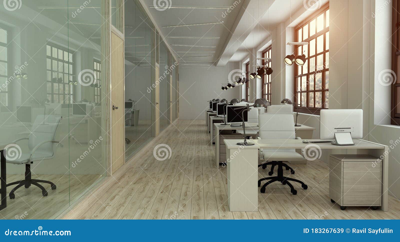 Front View of the Office Interior with Large Windows and a Row of Light ...